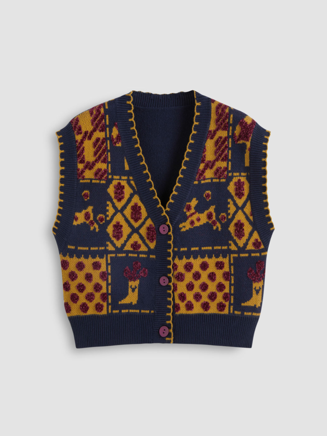 Knit V-neck Graphic Contrasting Binding Button Vest For Daily Casual ...