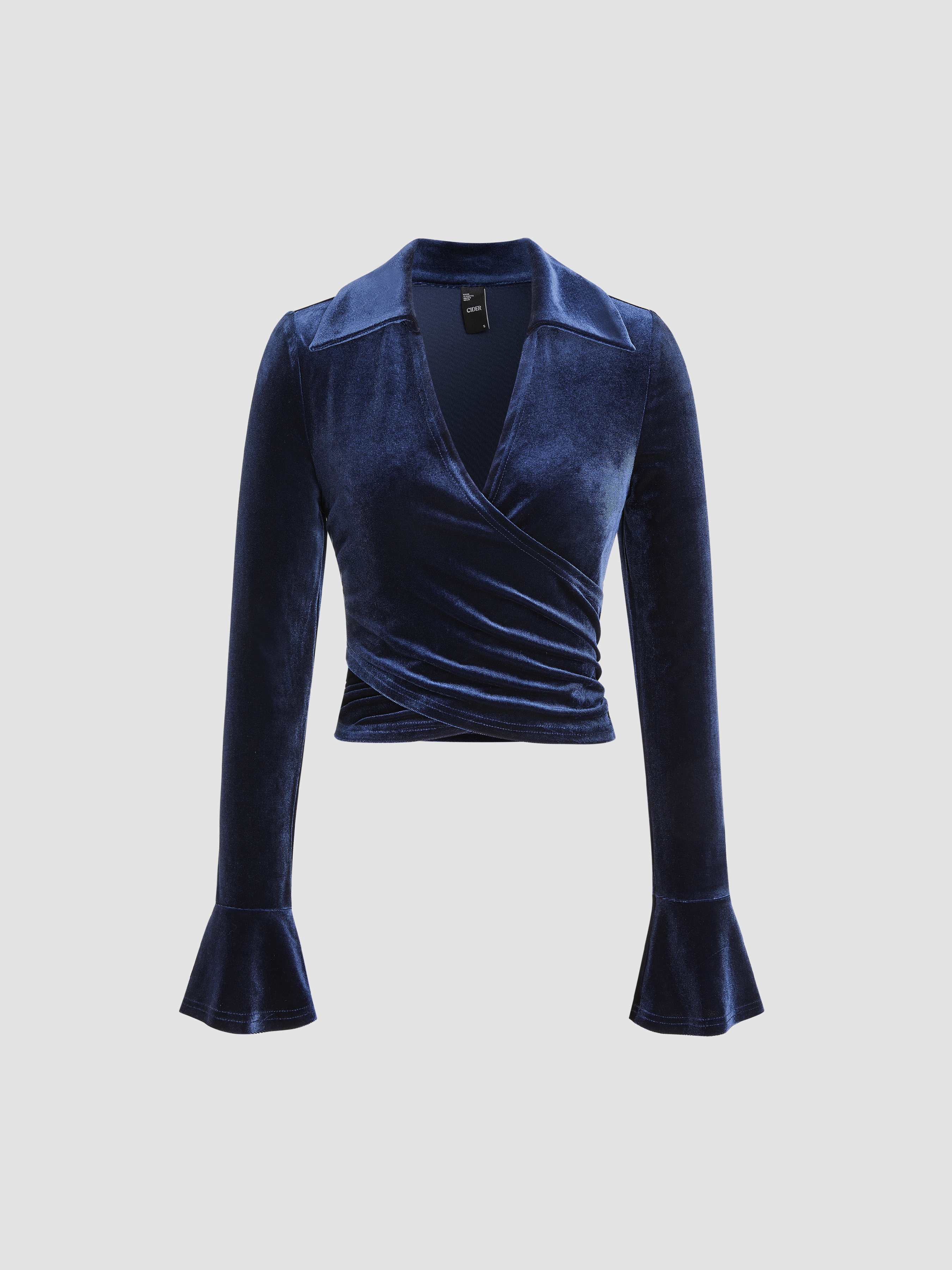 Velvet V-neck Wrap Solid Long Sleeve Top - Cider