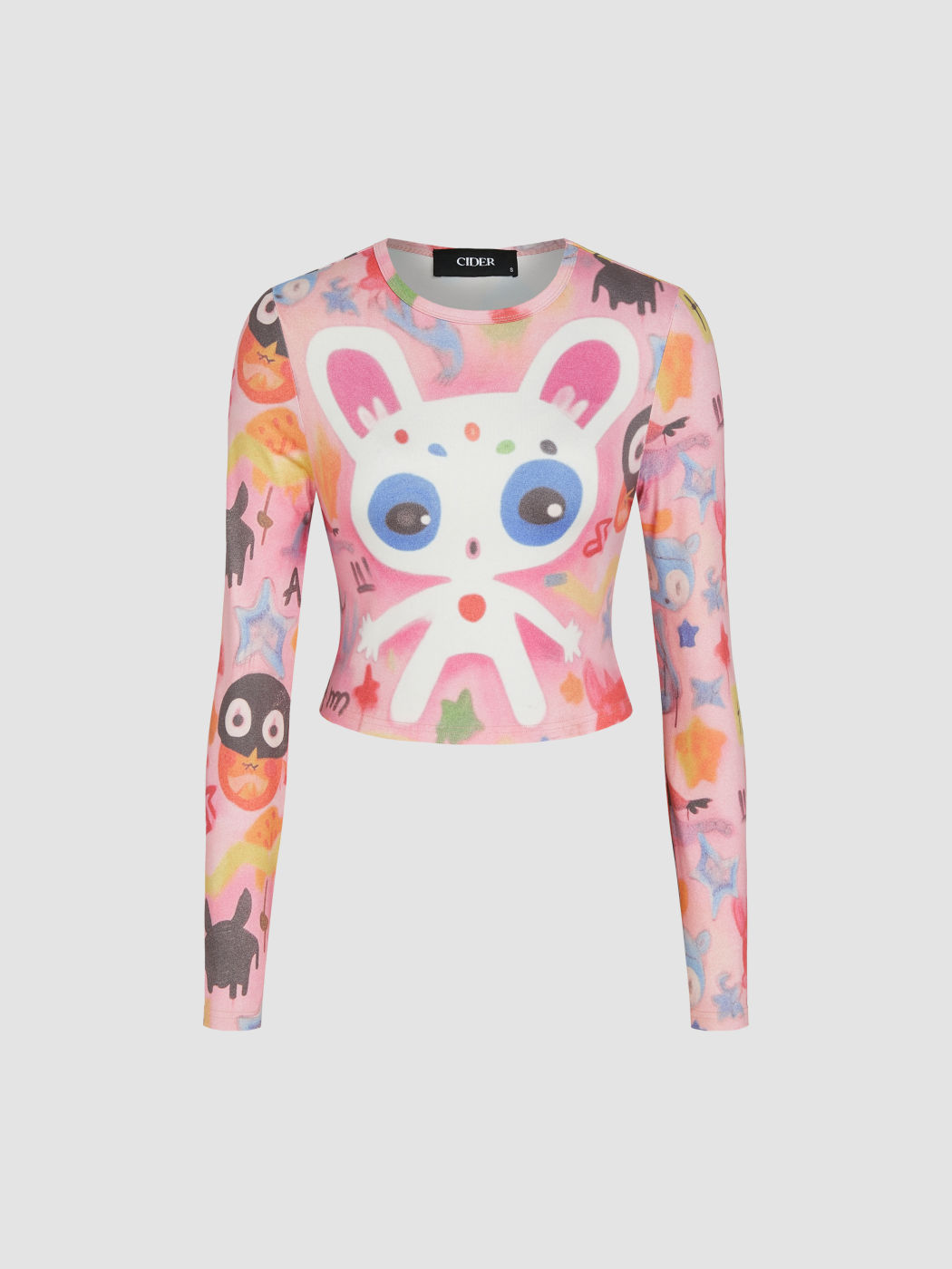 Rib Rabbit Graffiti Crop Long Sleeve Tee For Music Festival/Live House School