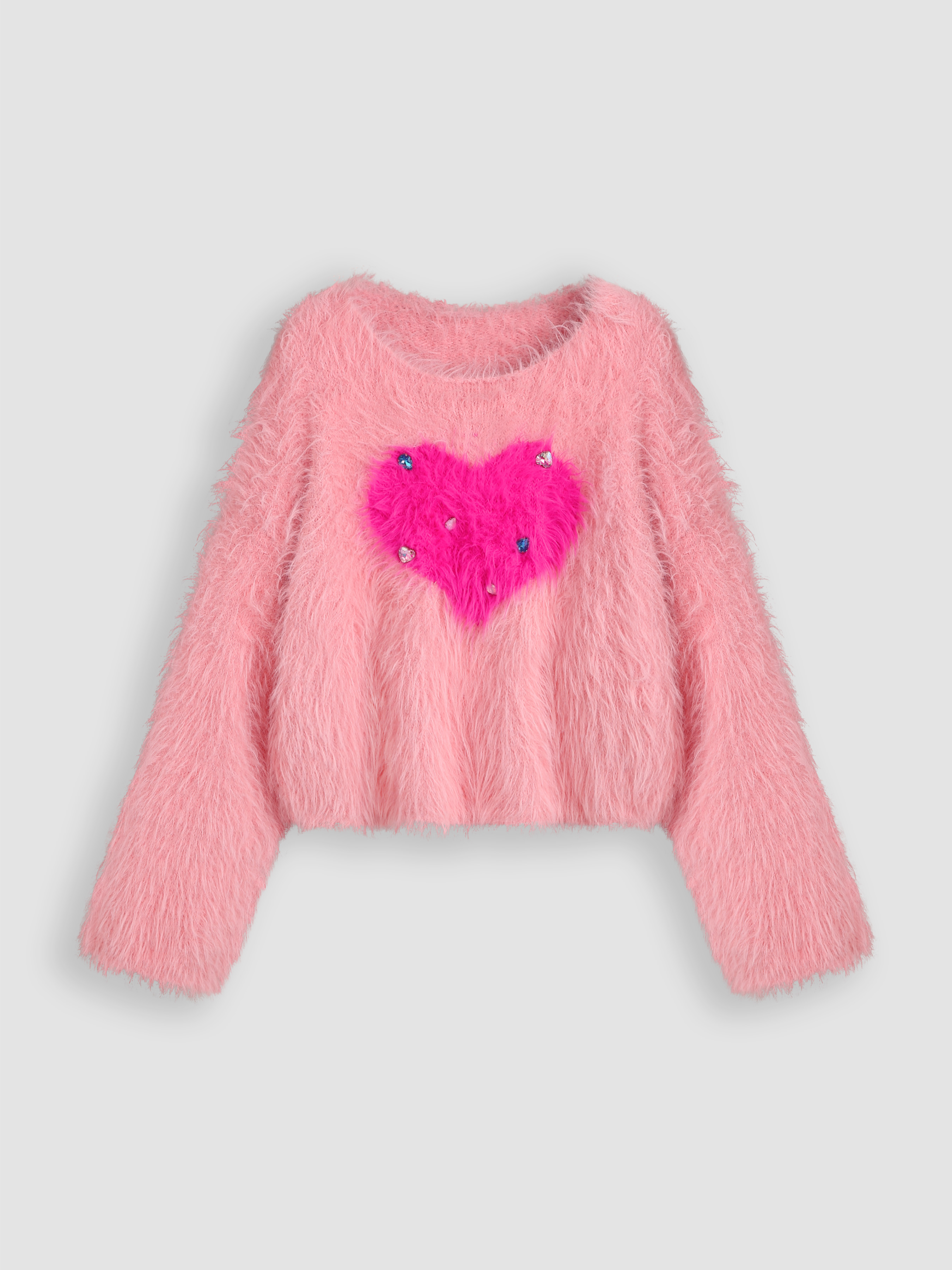 Fuzzy Heart & Rhinestone Crop Sweater For Daily Casual Coffee Shop