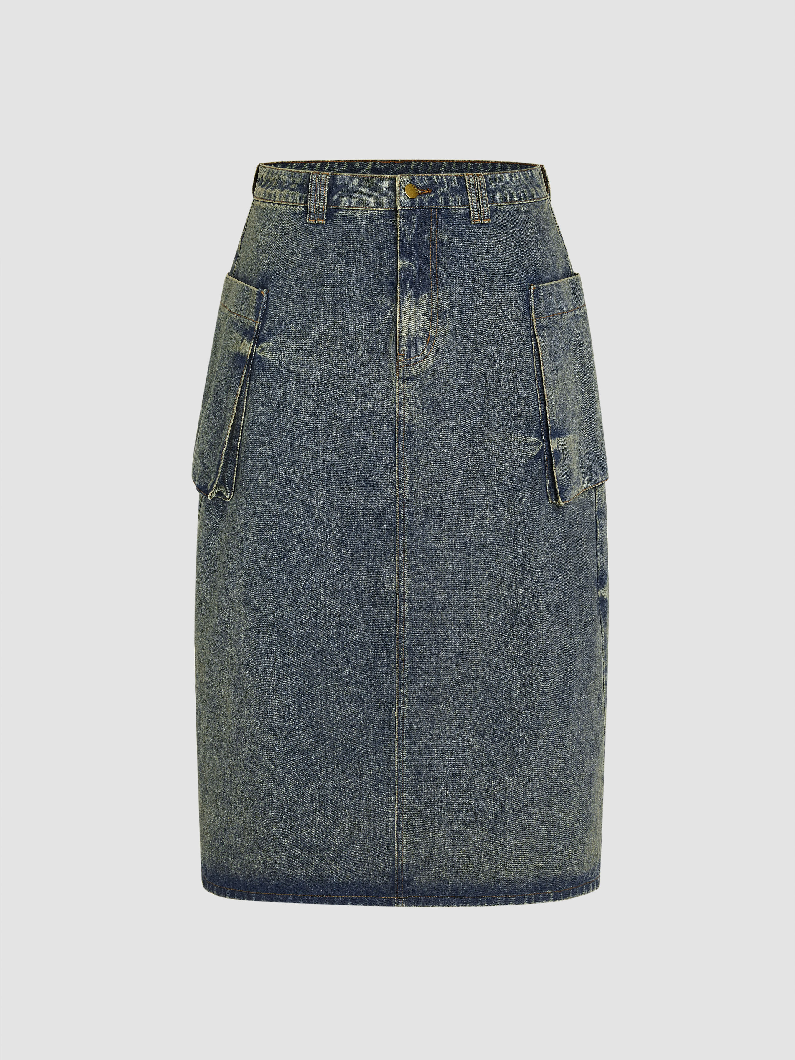 Jean Skirt Denim Mid Waist Faded-effect Split Cargo Skirt Curve & Plus ...