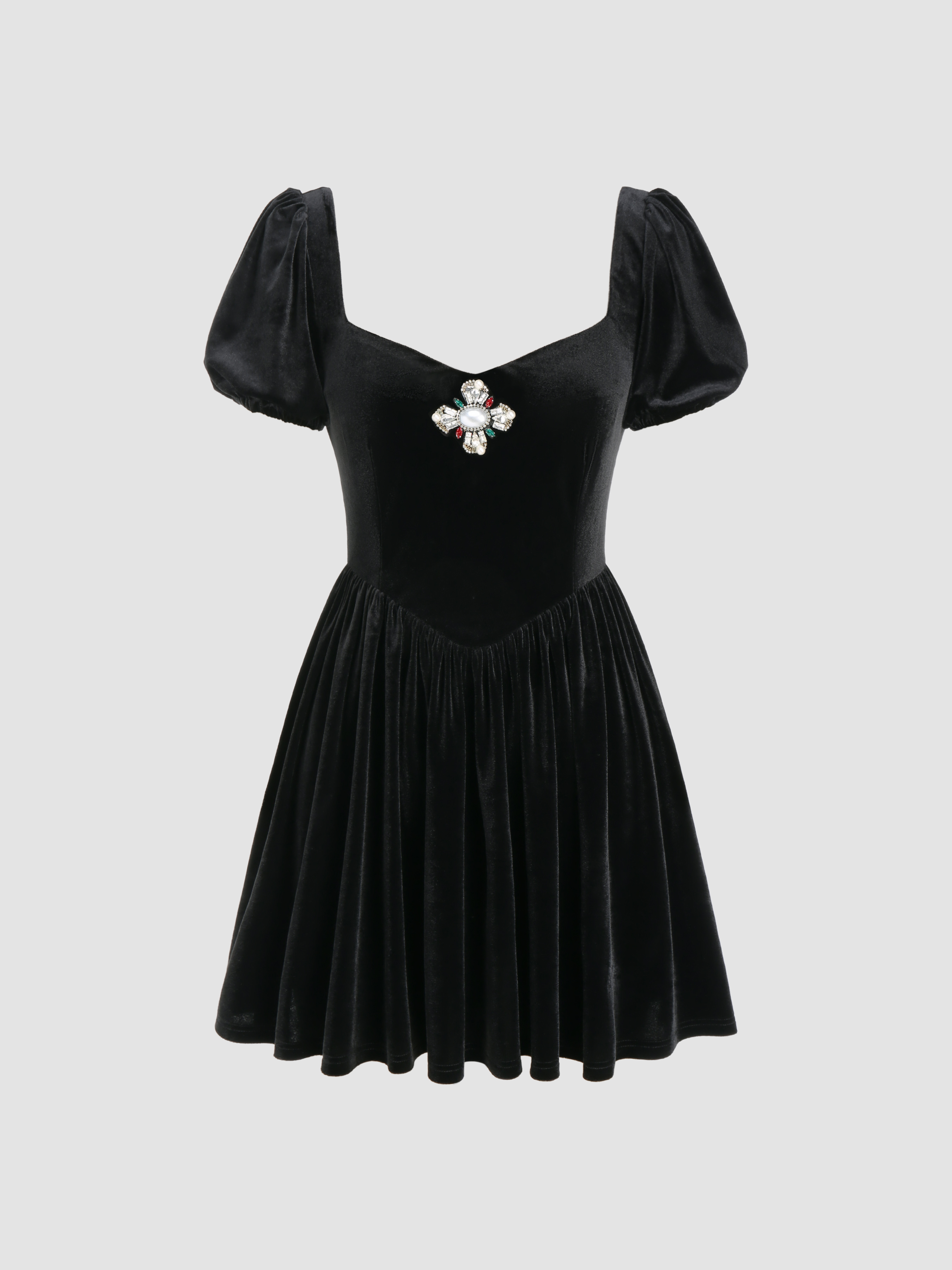 Velvet V-neck Corset Rhinestone Puff Sleeve Mini Dress - Cider