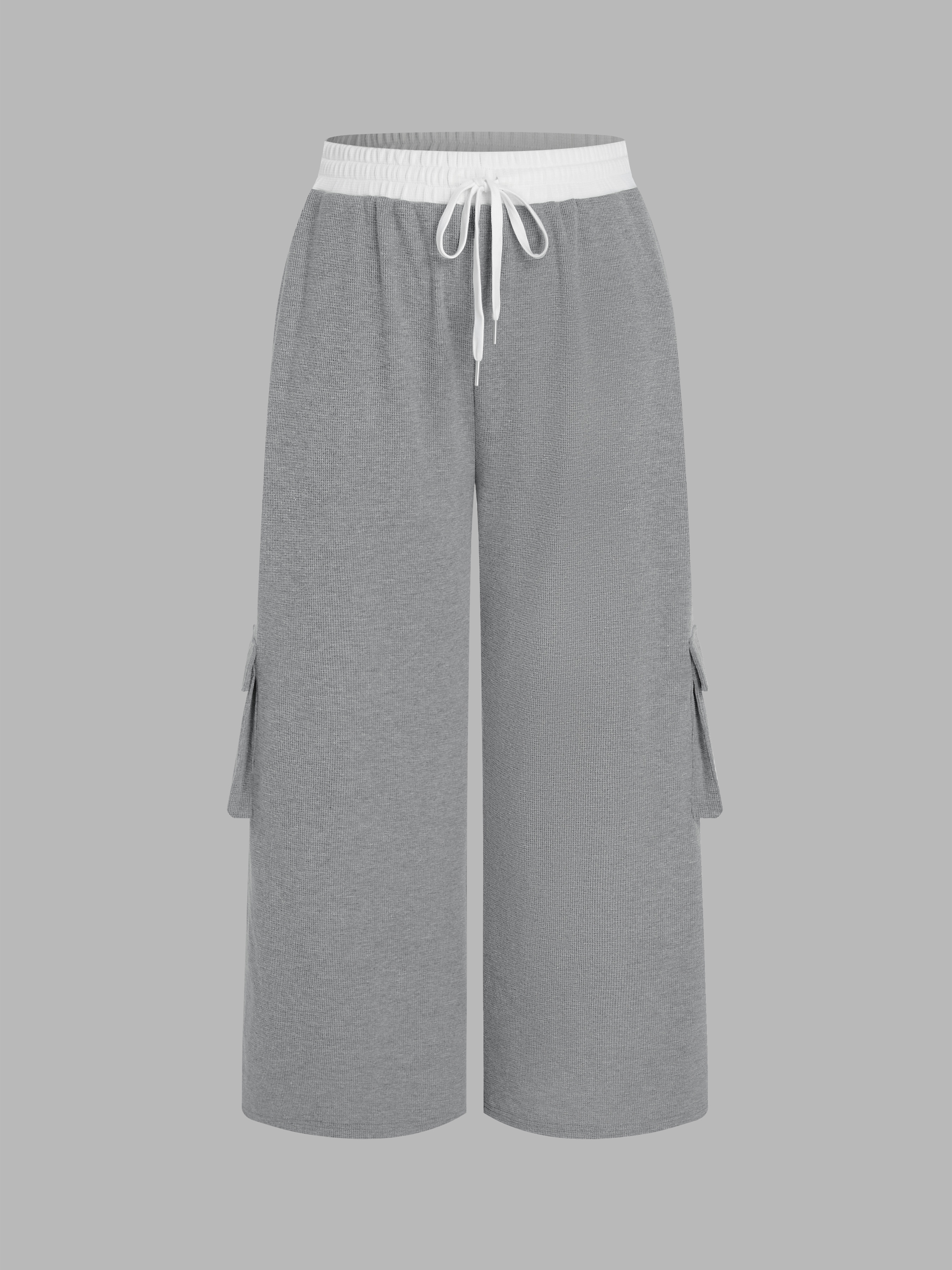 Terry Mid Waist Solid Drawstring Straight Leg Trousers Curve & Plus For Daily Casual School Outdoor