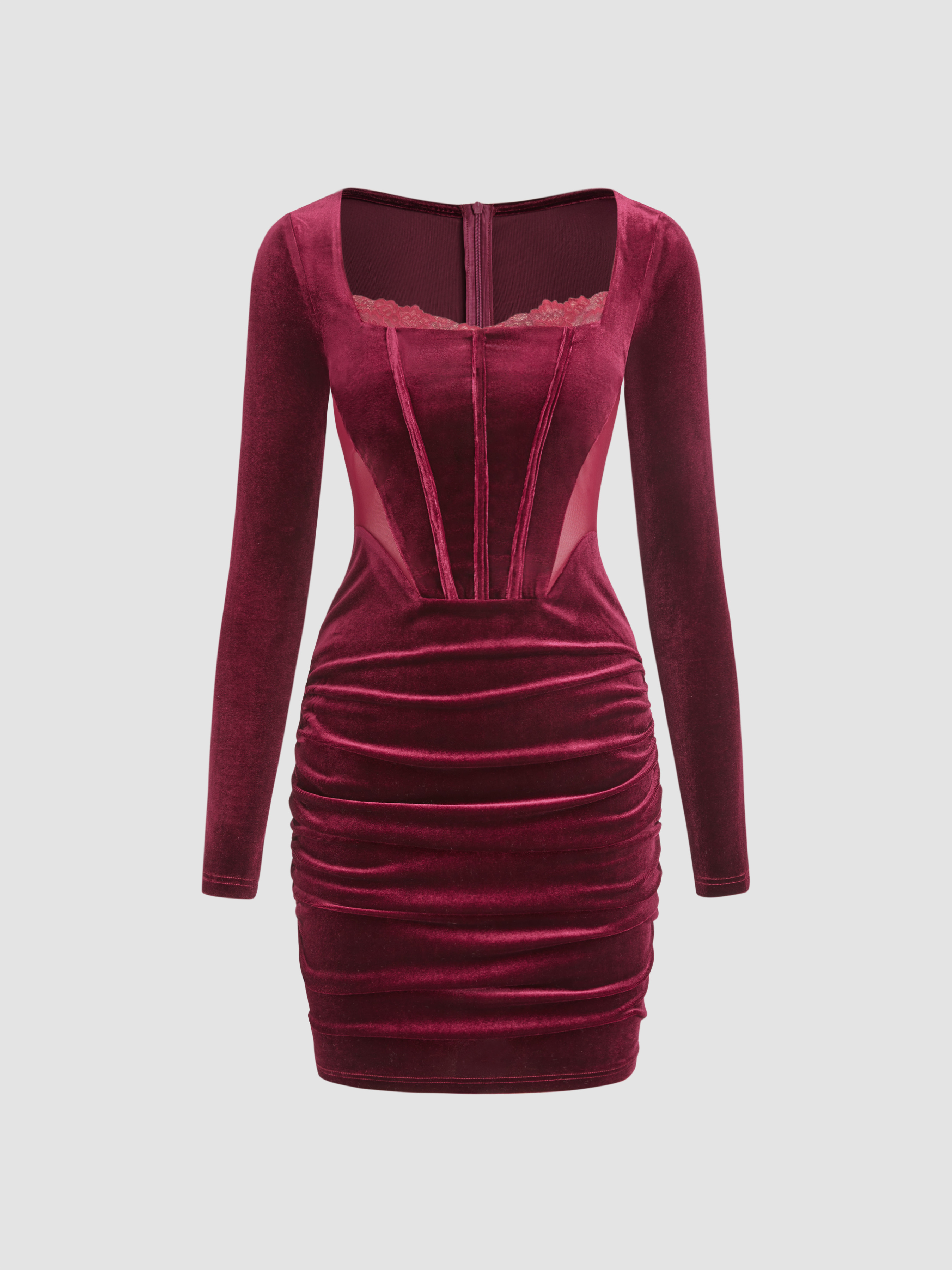 Velvet Square Neck Lace Corset Mini Dress - Cider