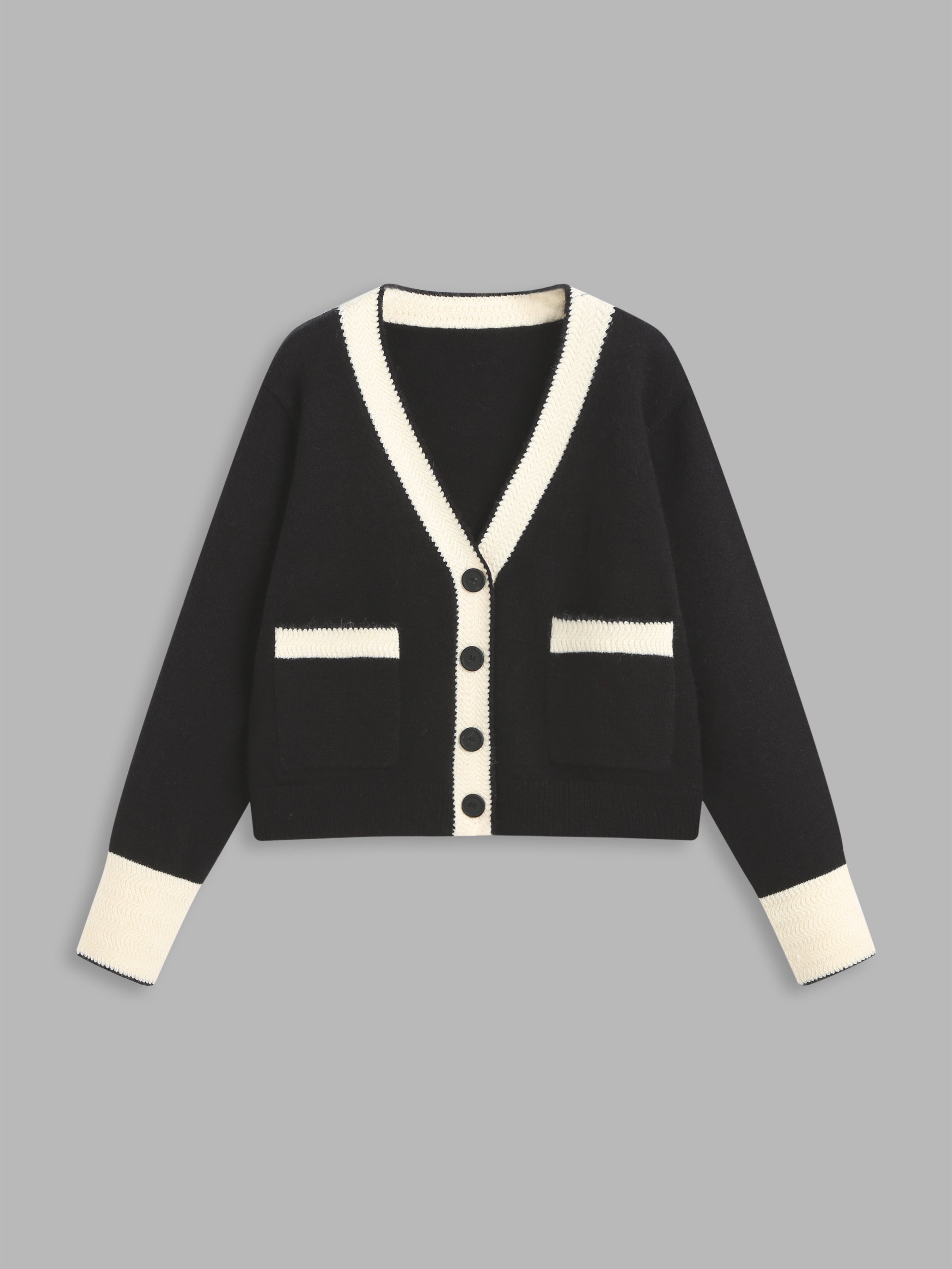 V-neck Contrasting Trim Button Knitted Cardigan - Cider