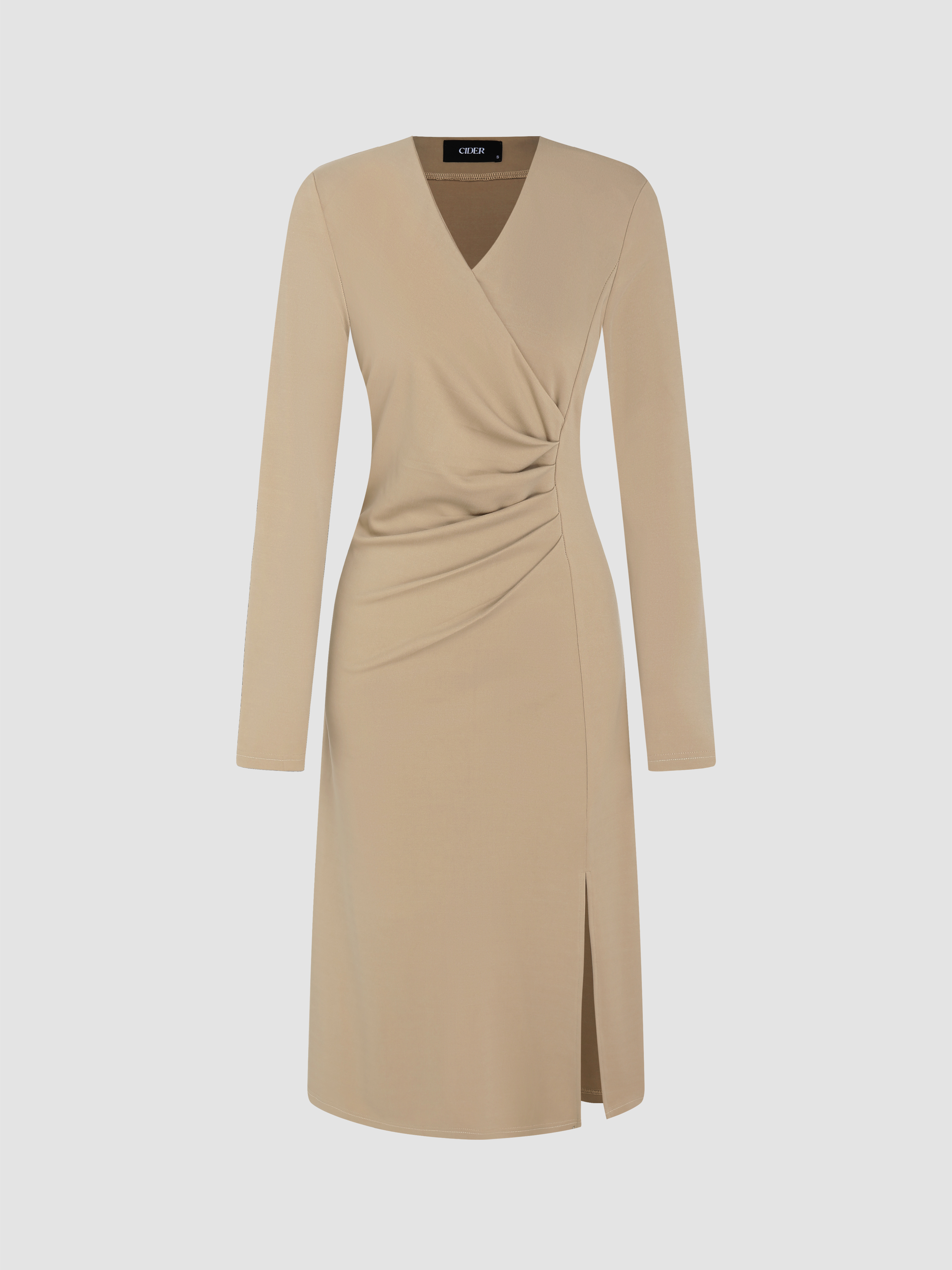 V-neck Solid Ruched Split Midi Dress For Date Coffee Shop Work