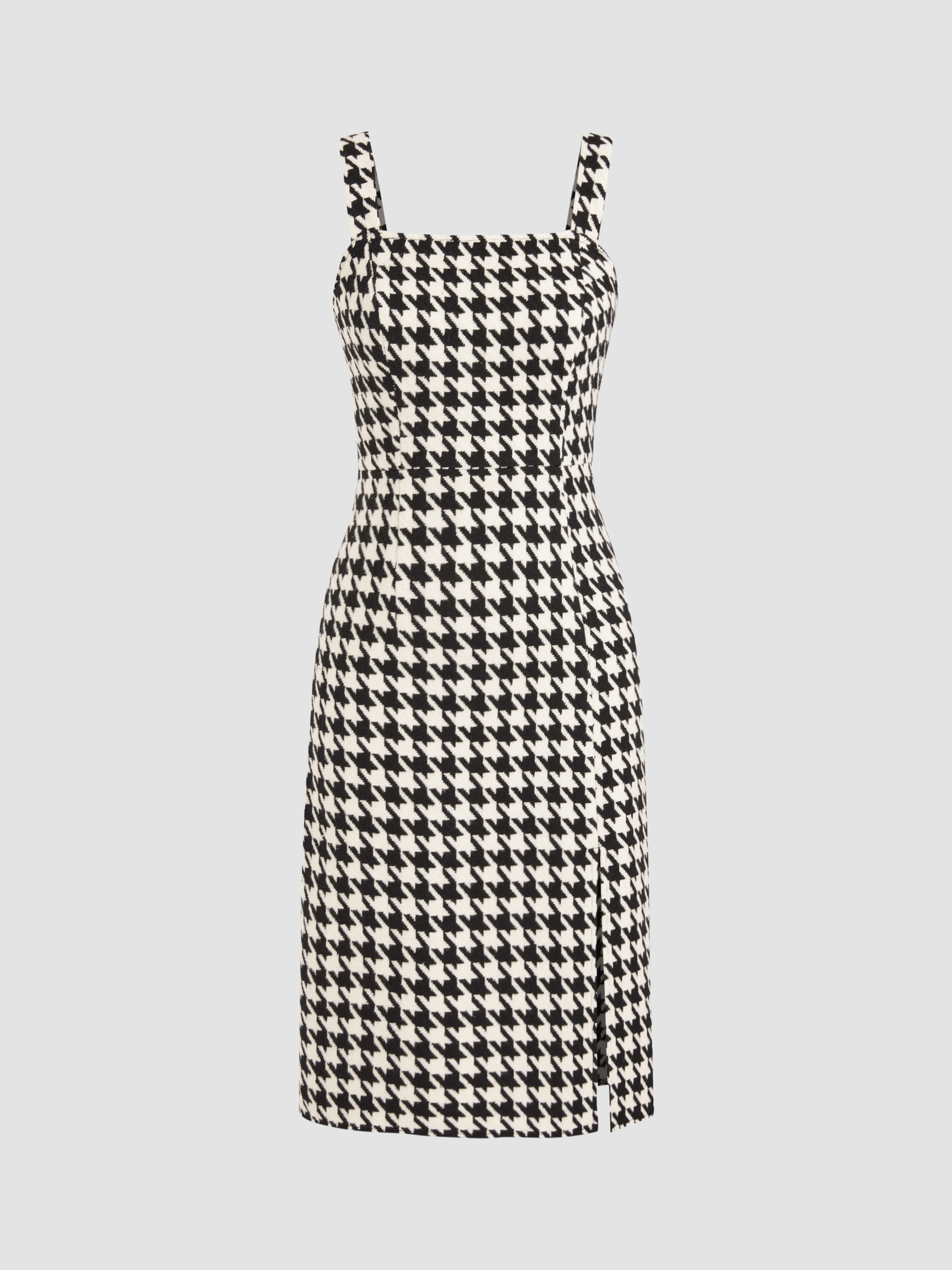 Tweed Houndstooth Split Midi Dress For Date Party/Clubbing Coffee Shop