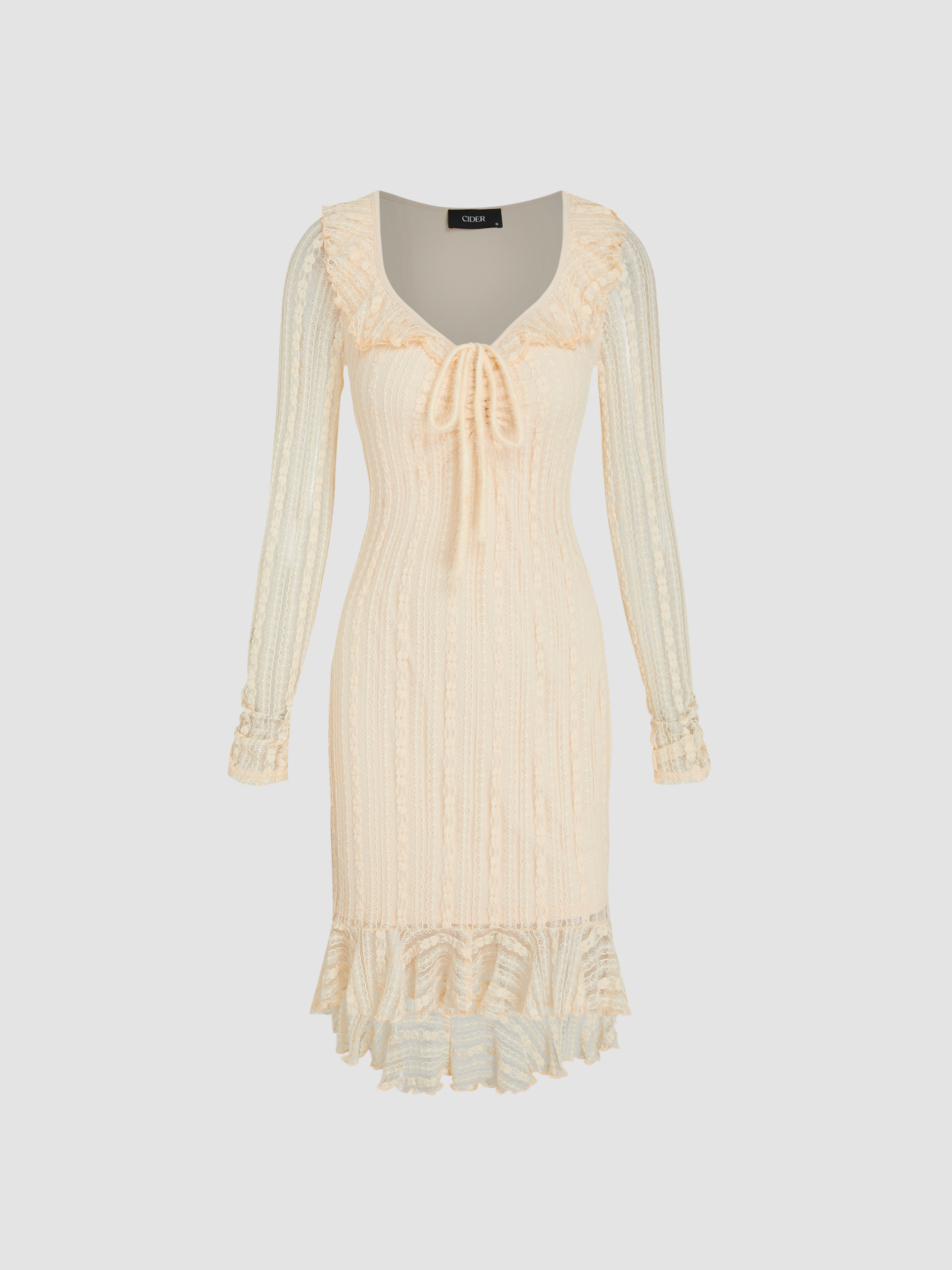 Woven Solid Bowknot Lace Ruffle Hem Midi Dress For Date Party/Clubbing Coffee Shop