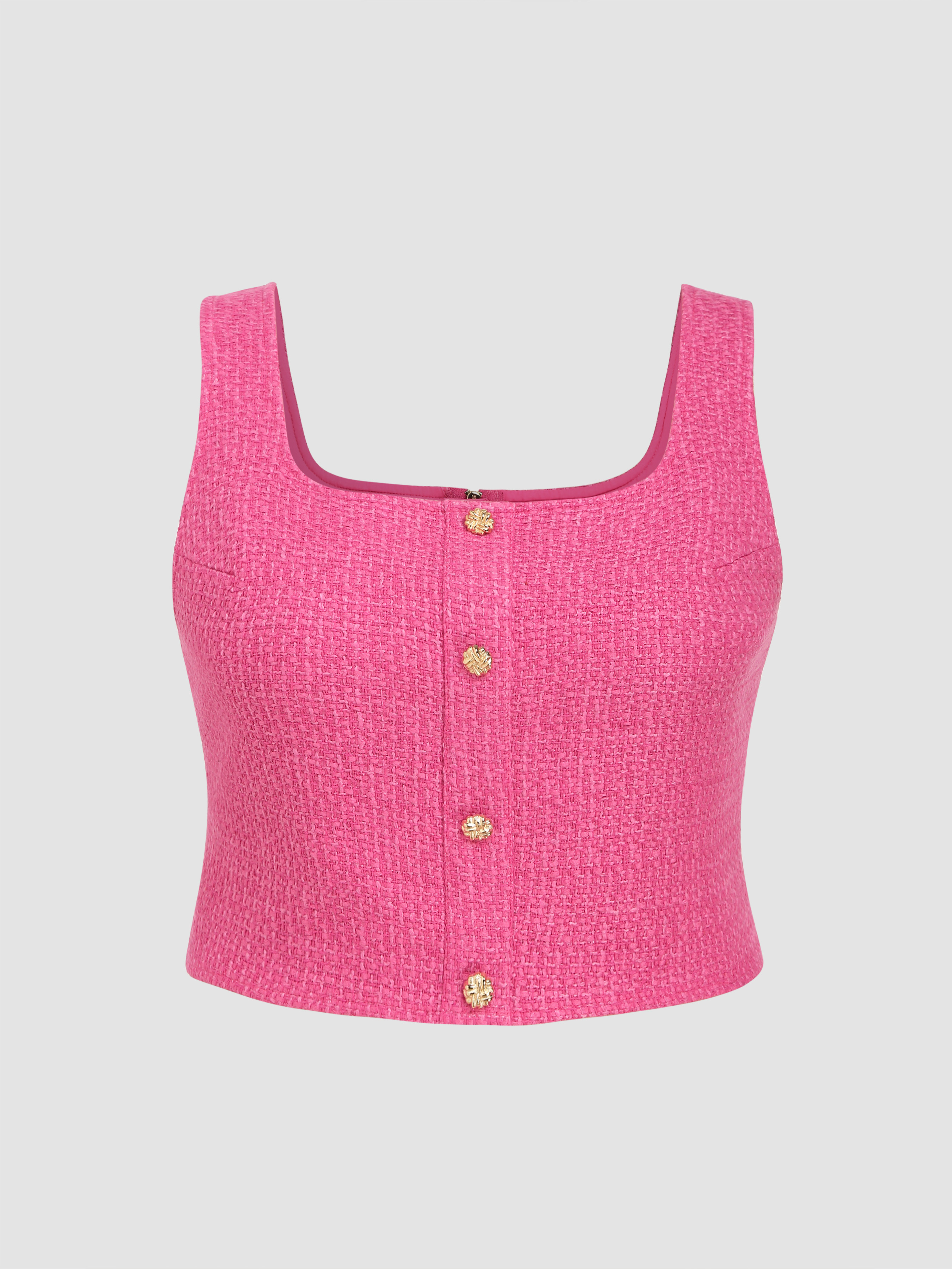 Tweed Square Neck Button Tank Top Curve & Plus - Cider