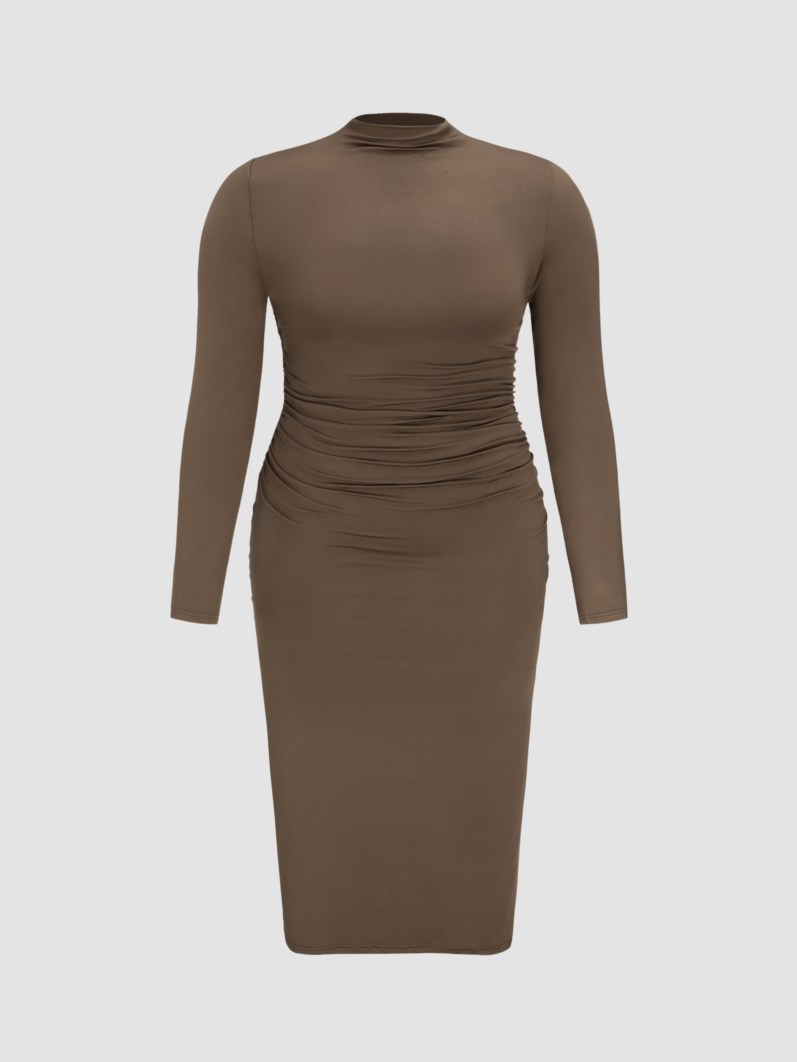 High Neck Solid Ruched Maxi Dress Curve & Plus For Daily Casual Date