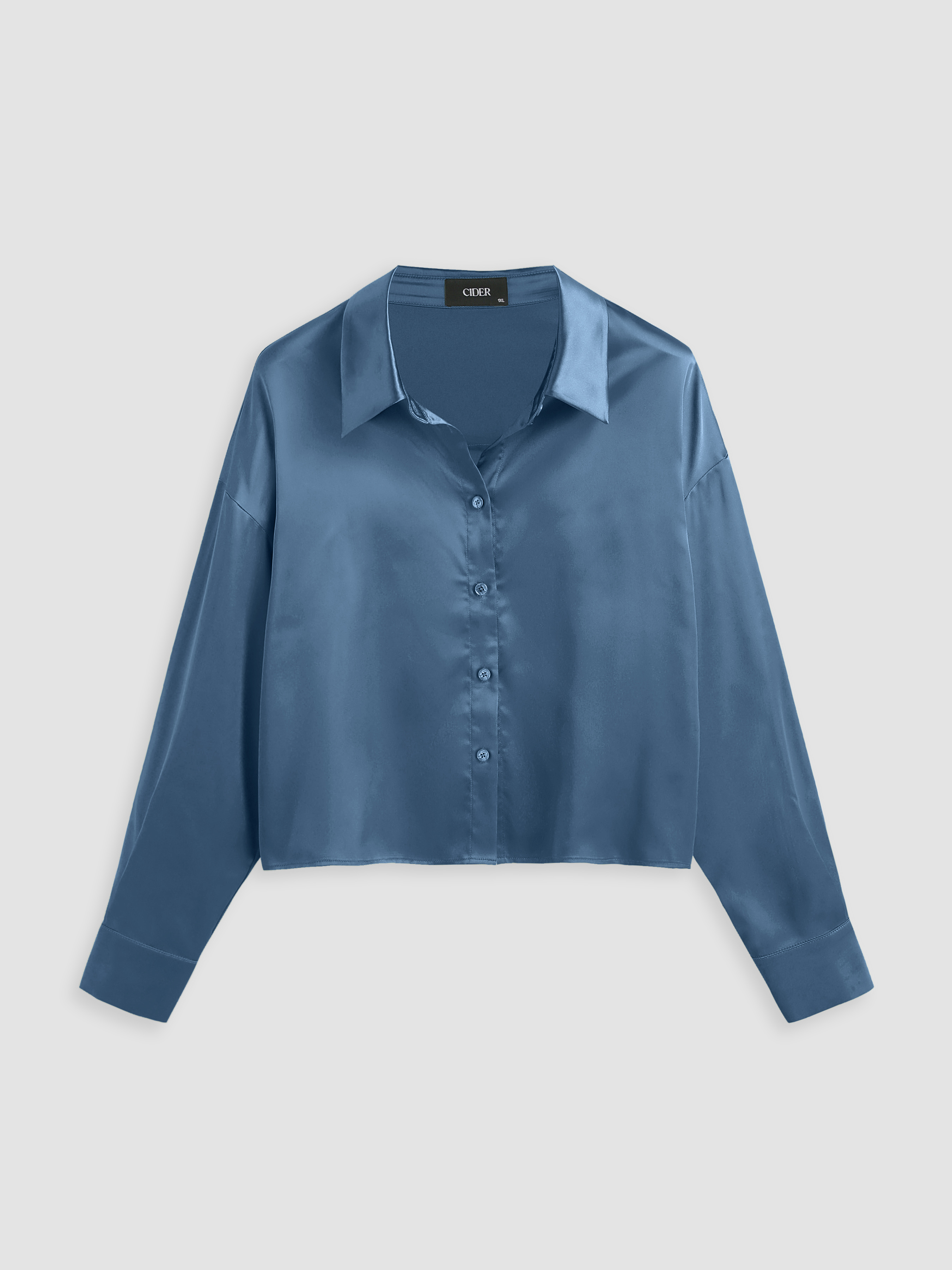 Woven Satin Collar Solid Button Long Sleeve Blouse Curve & Plus For ...