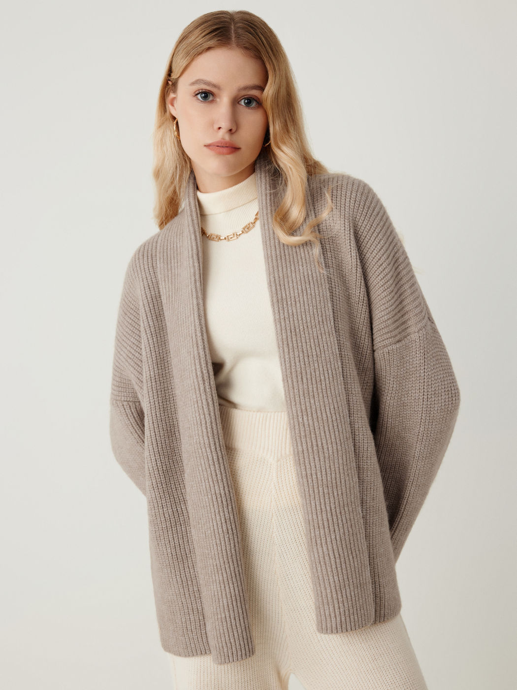 Knit Fabric Collarless Solid Cardigan For Daily Casual Work
