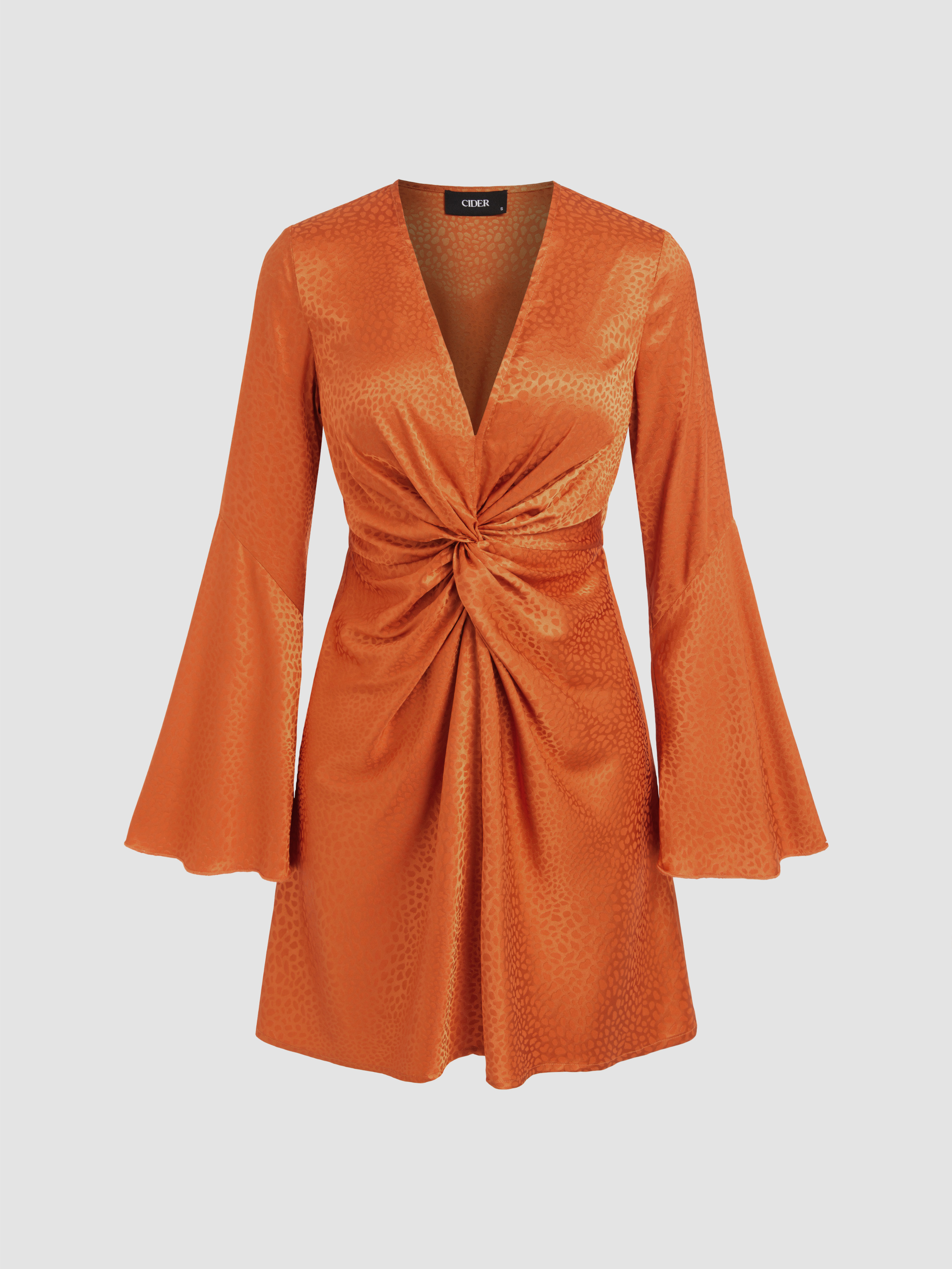 V-neck Leopard Twist Bell Sleeve Mini Dress - Cider