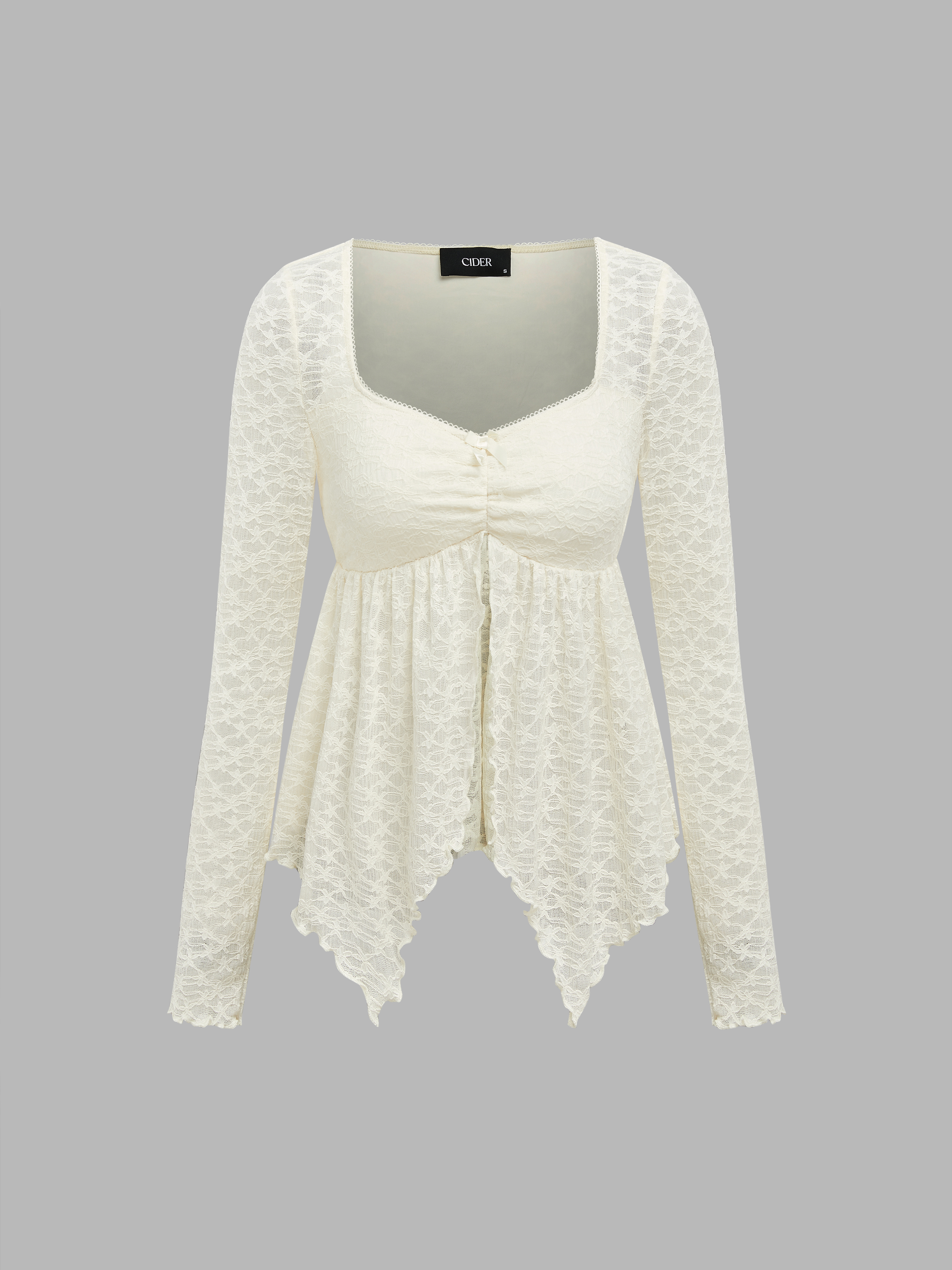 Lace Square Neck Solid Long Sleeve Blouse - Cider