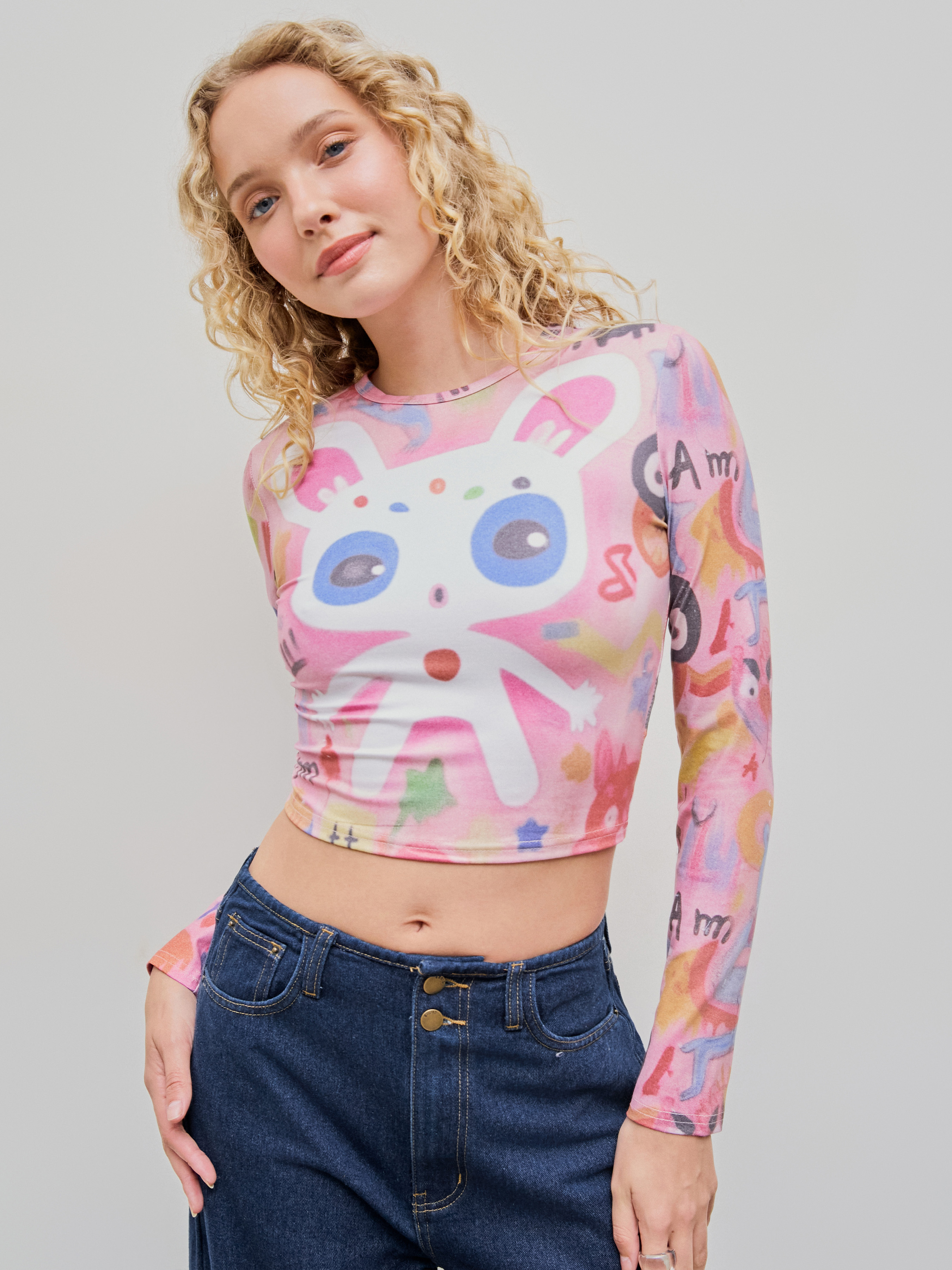 Rib Rabbit Graffiti Crop Long Sleeve Tee For Music Festival/Live House School