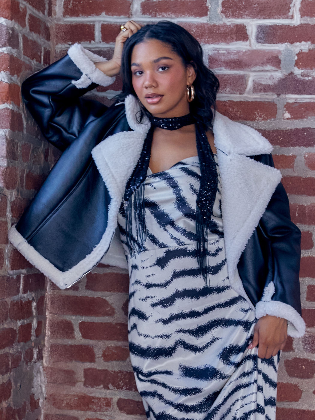 Faux Shearling Fleece Drop Shoulder Zipper Biker Jacket Curve & Plus For Daily Casual