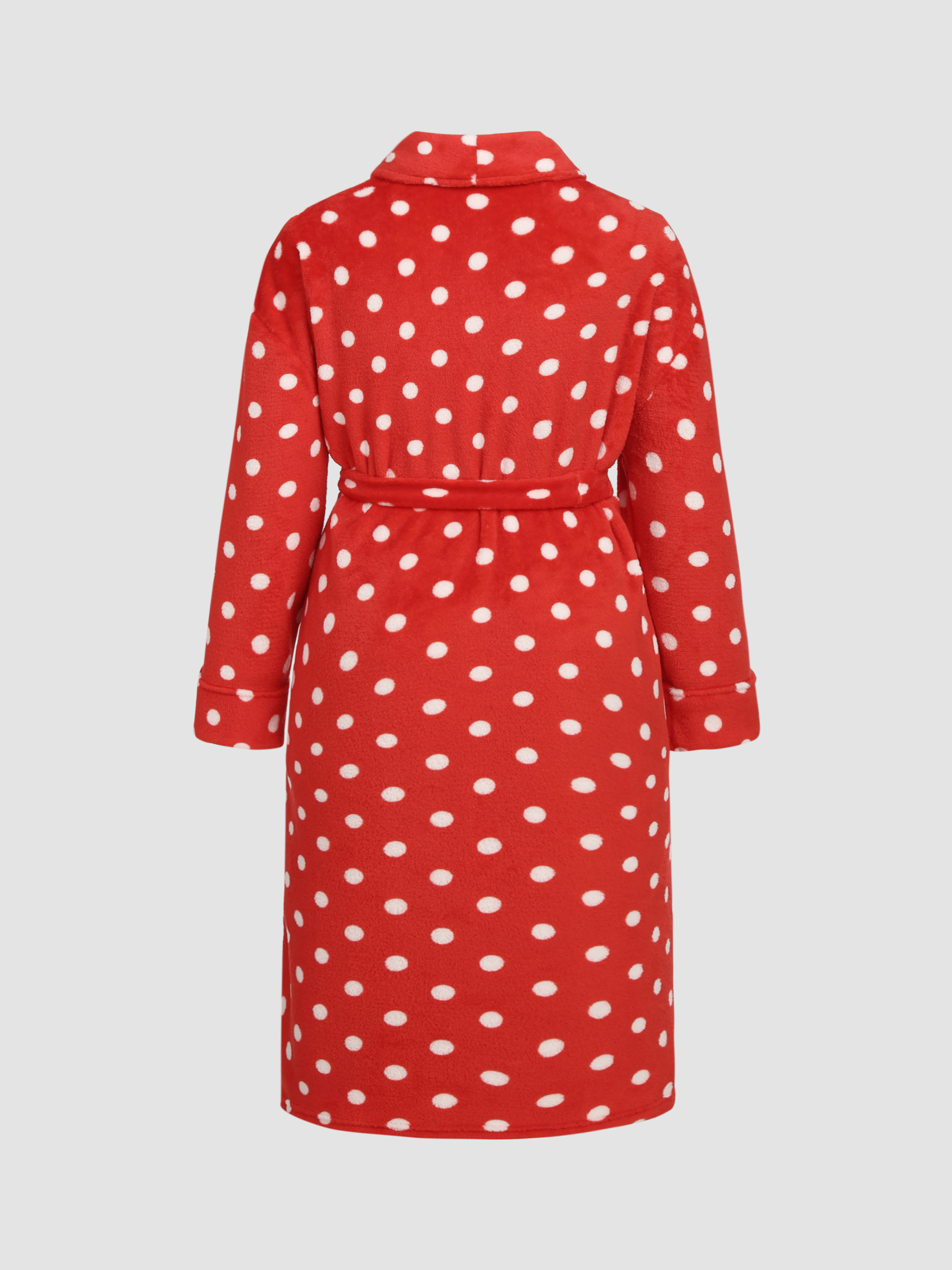 Woven Collar Polka Dot Pocket Long Robe With Belt Curve & Plus For Home