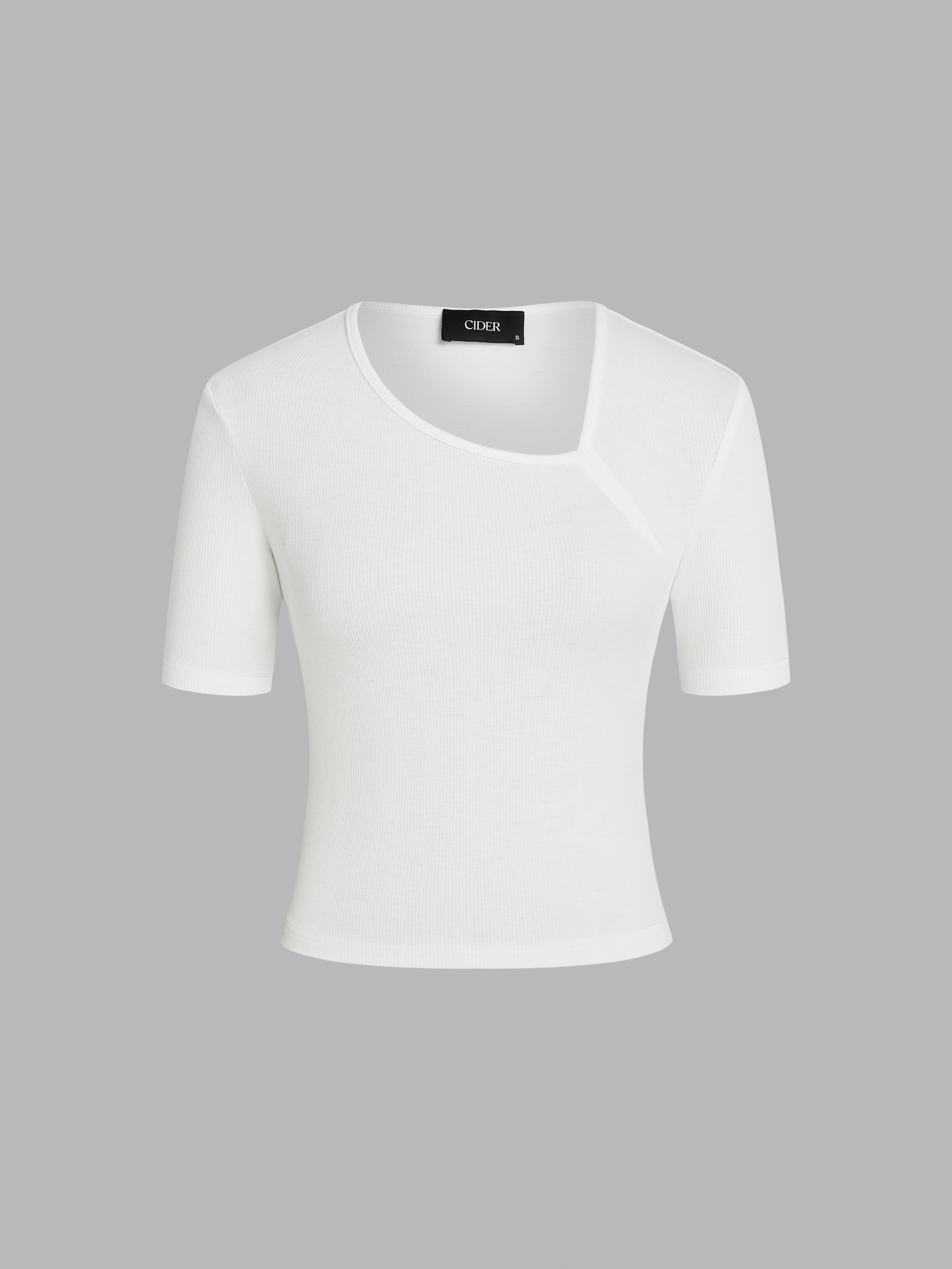 Knit Fabric Asymmetrical Neck Solid Short Sleeve Knitted Tee For Daily Casual