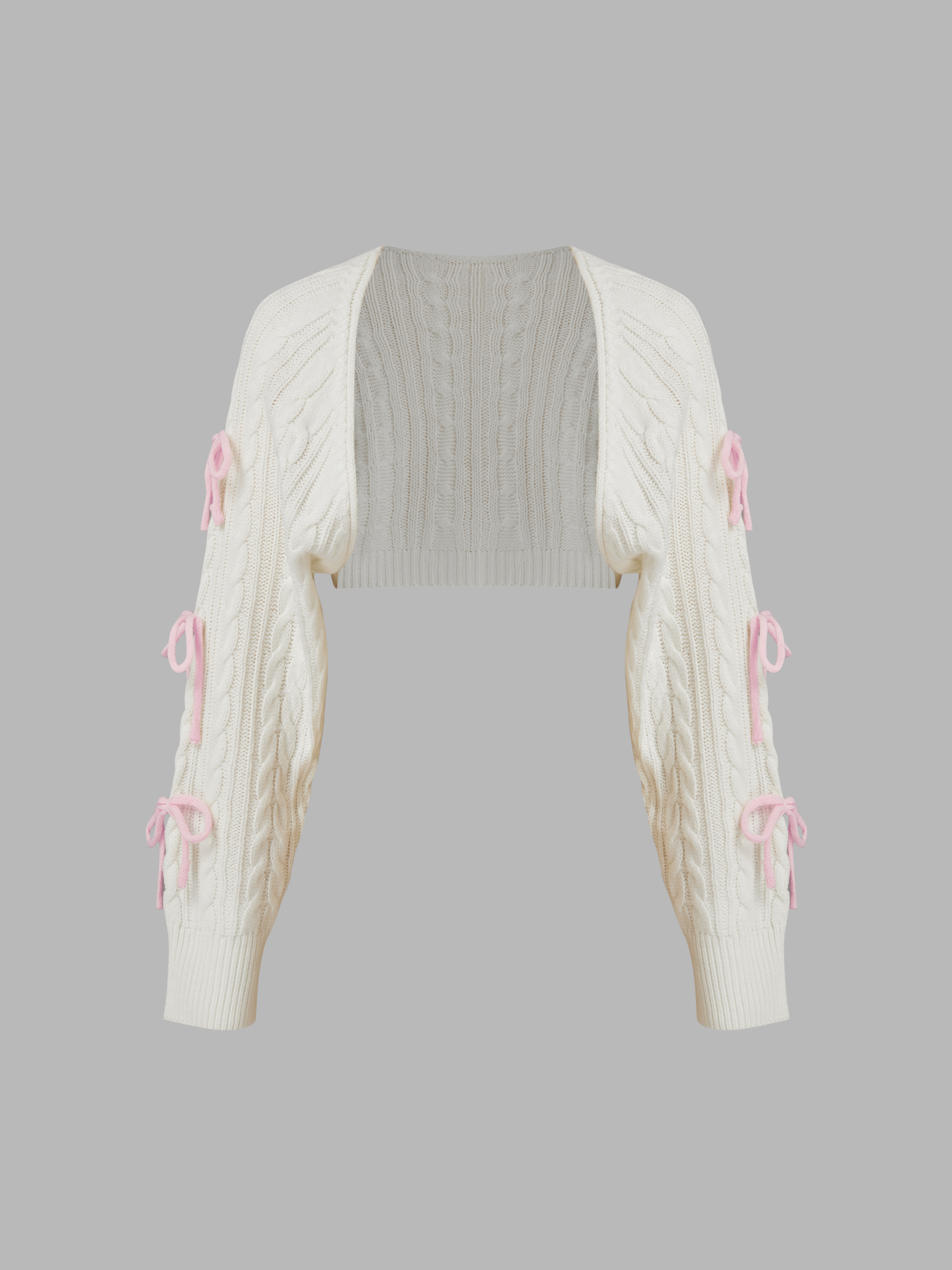 Knit Fabric Cable Knit Bowknot Long Sleeve Shrug For School Daily