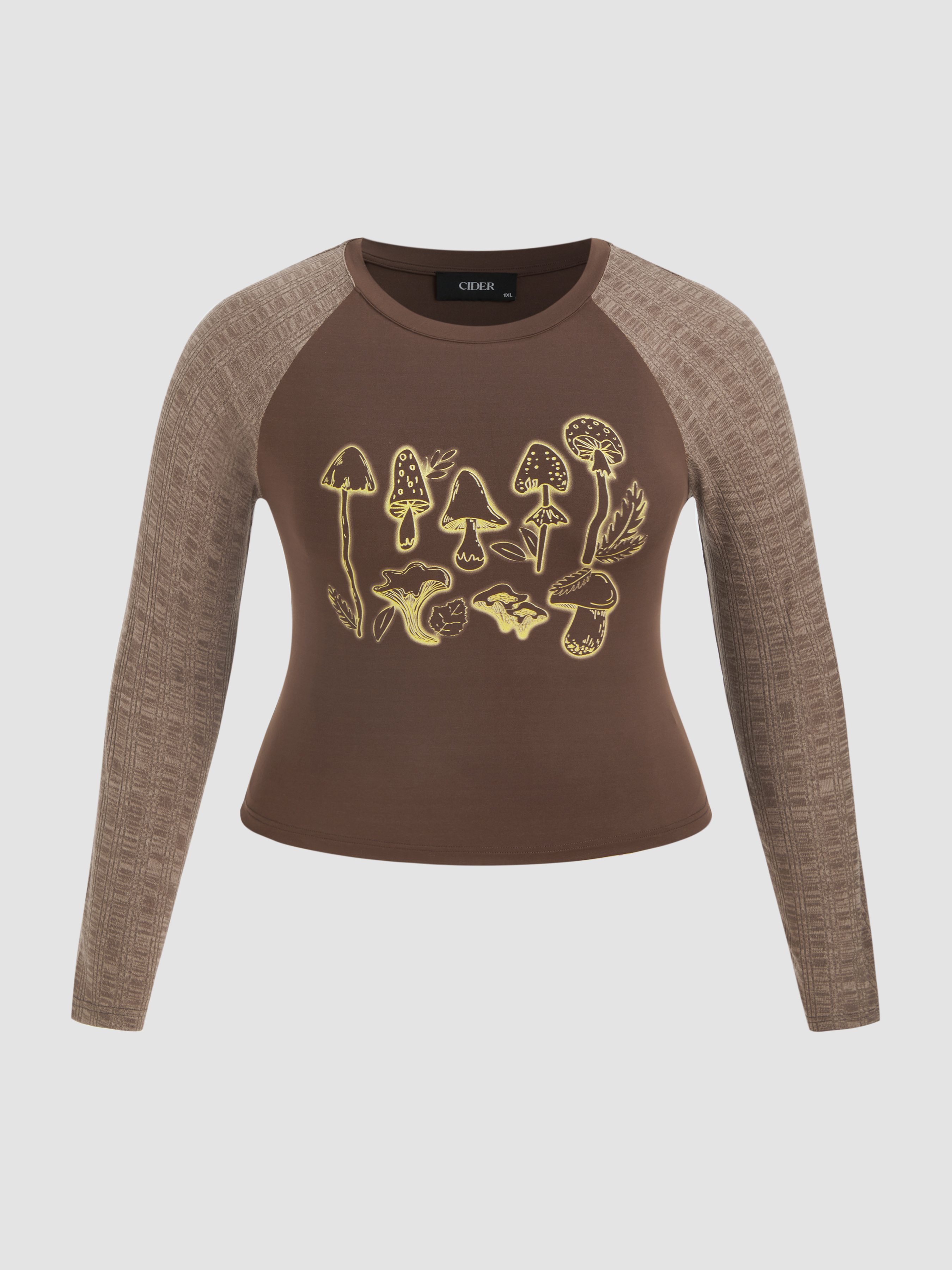 Rib Raglan Mushroom Long Sleeve Crop Top Curve & Plus - Cider