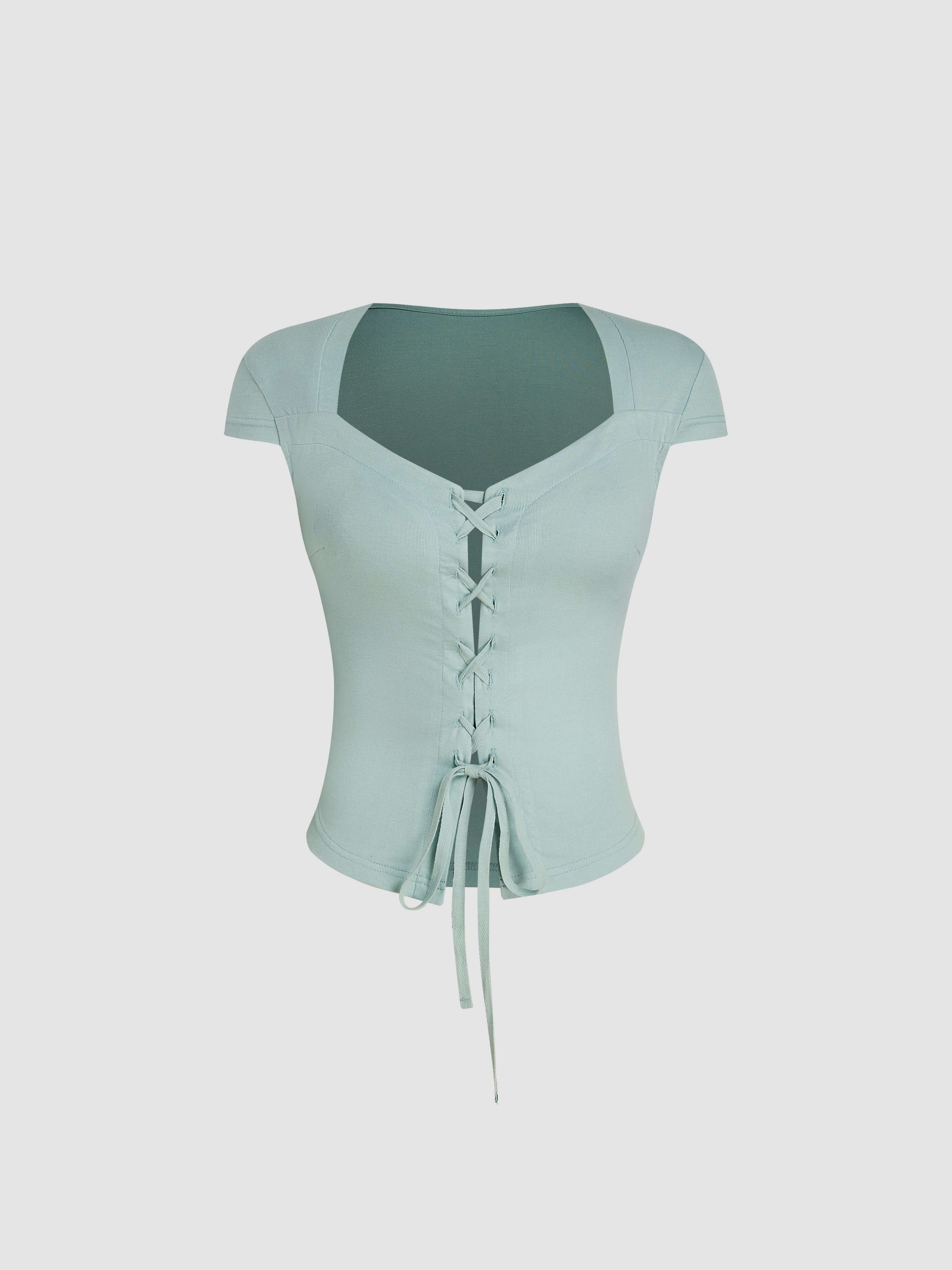 Knit Fabric Square Neck Lace Up Short Sleeve Tee For Daily Casual