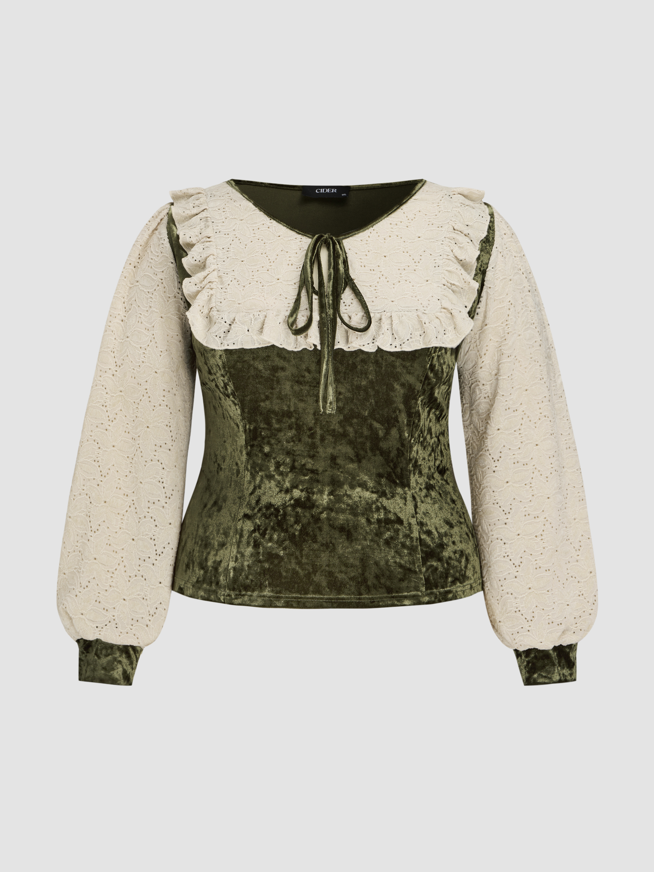 Lace Velvet Velvet Sweetheart Lace Drawstring Long Sleeve Blouse Curve ...