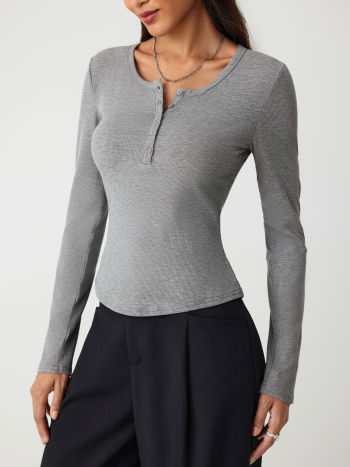 Solid Rib V-neck Long Sleeve Tee For Daily Casual