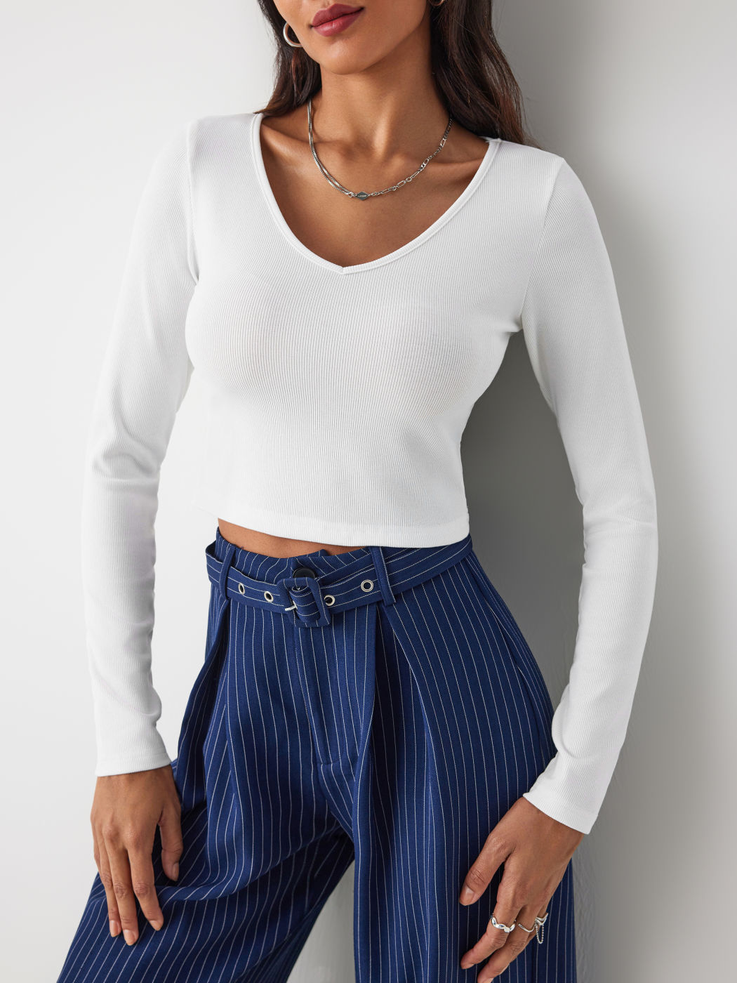 Solid Rib V-neck Long Sleeve Tee For Daily Casual