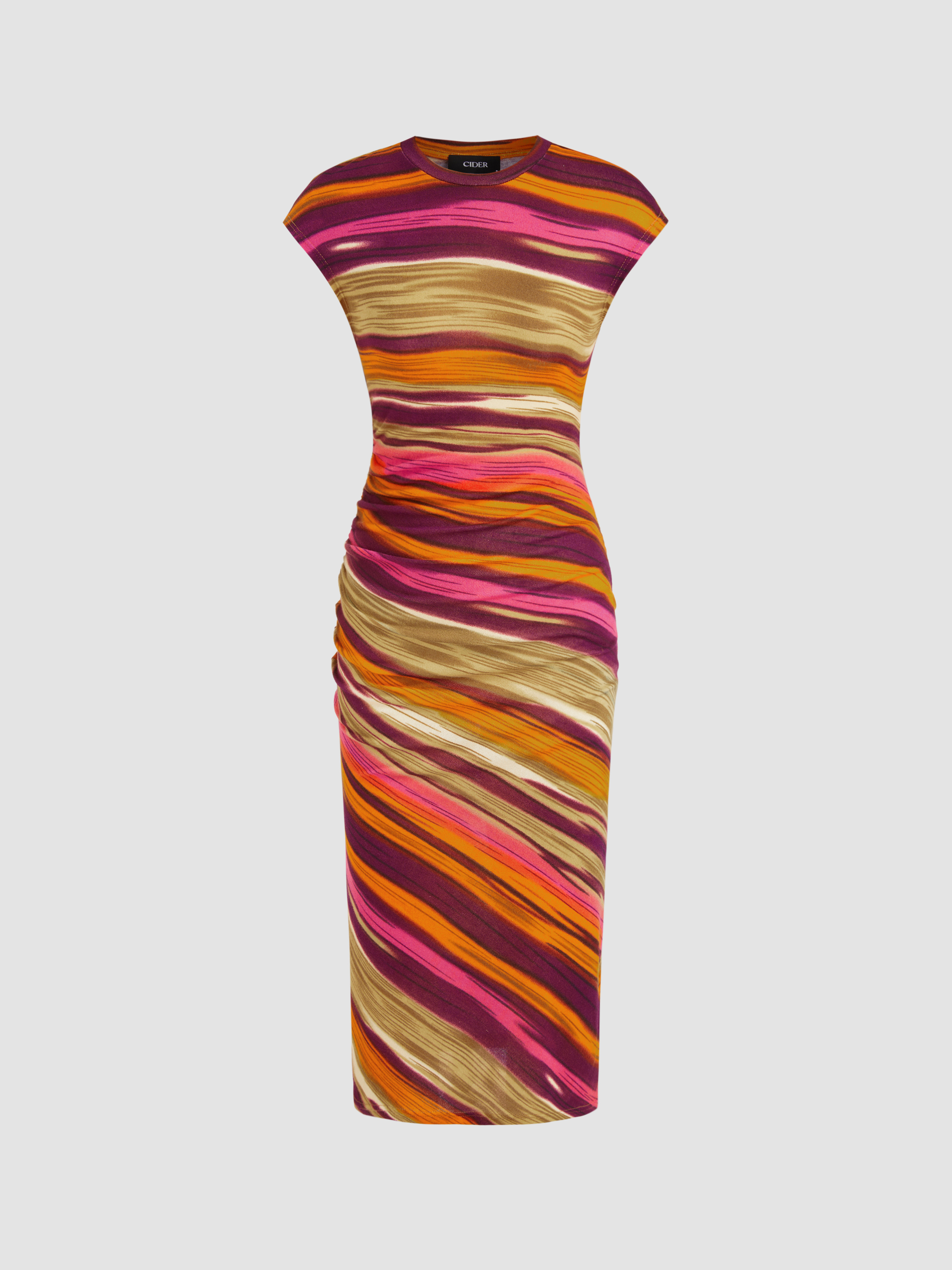 Knit Round Neck Stripe Midi Dress - Cider