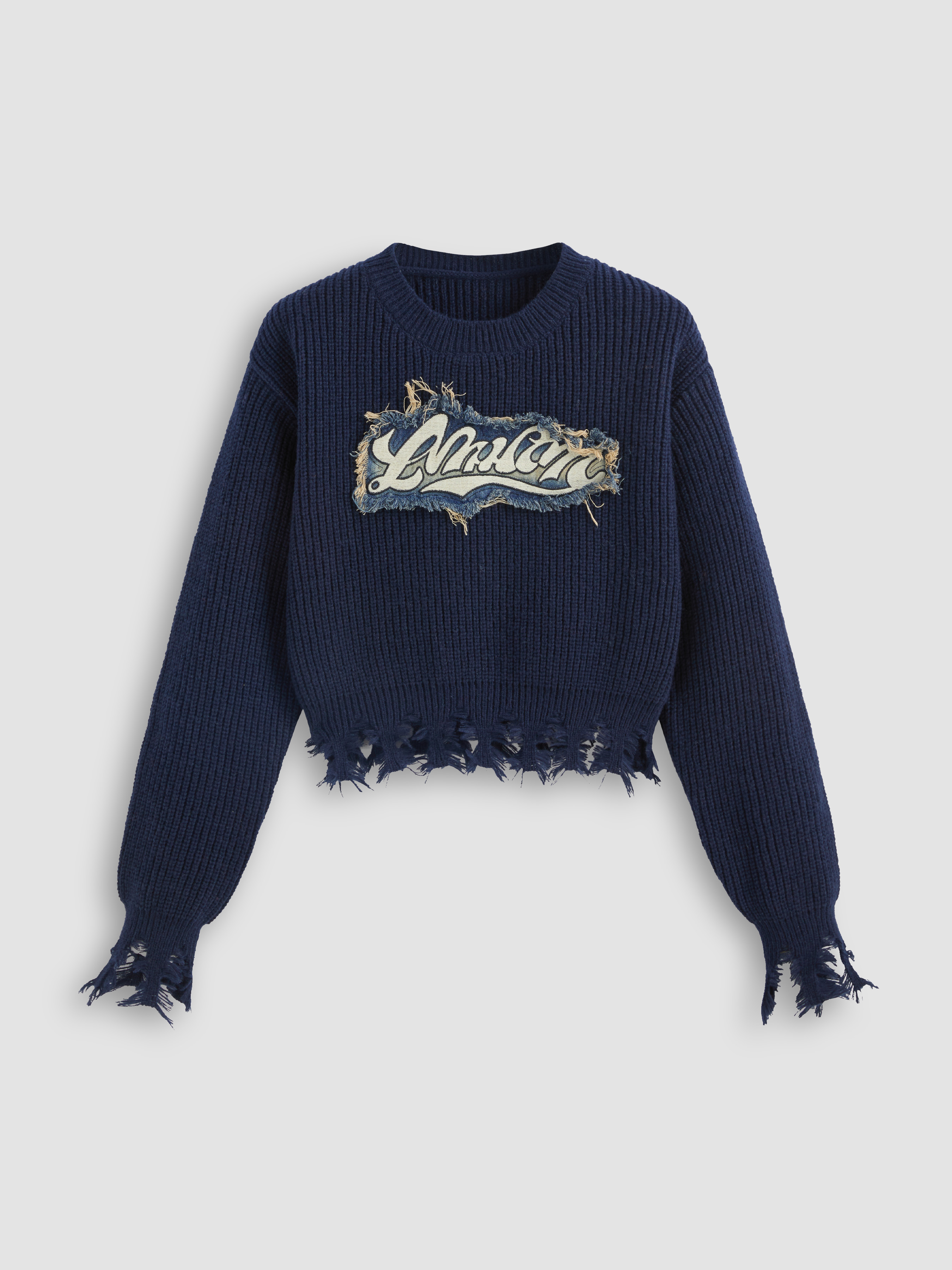 Knit Fabric Graphic Ripped Knitted Long Sleeve Top For Daily Casual ...