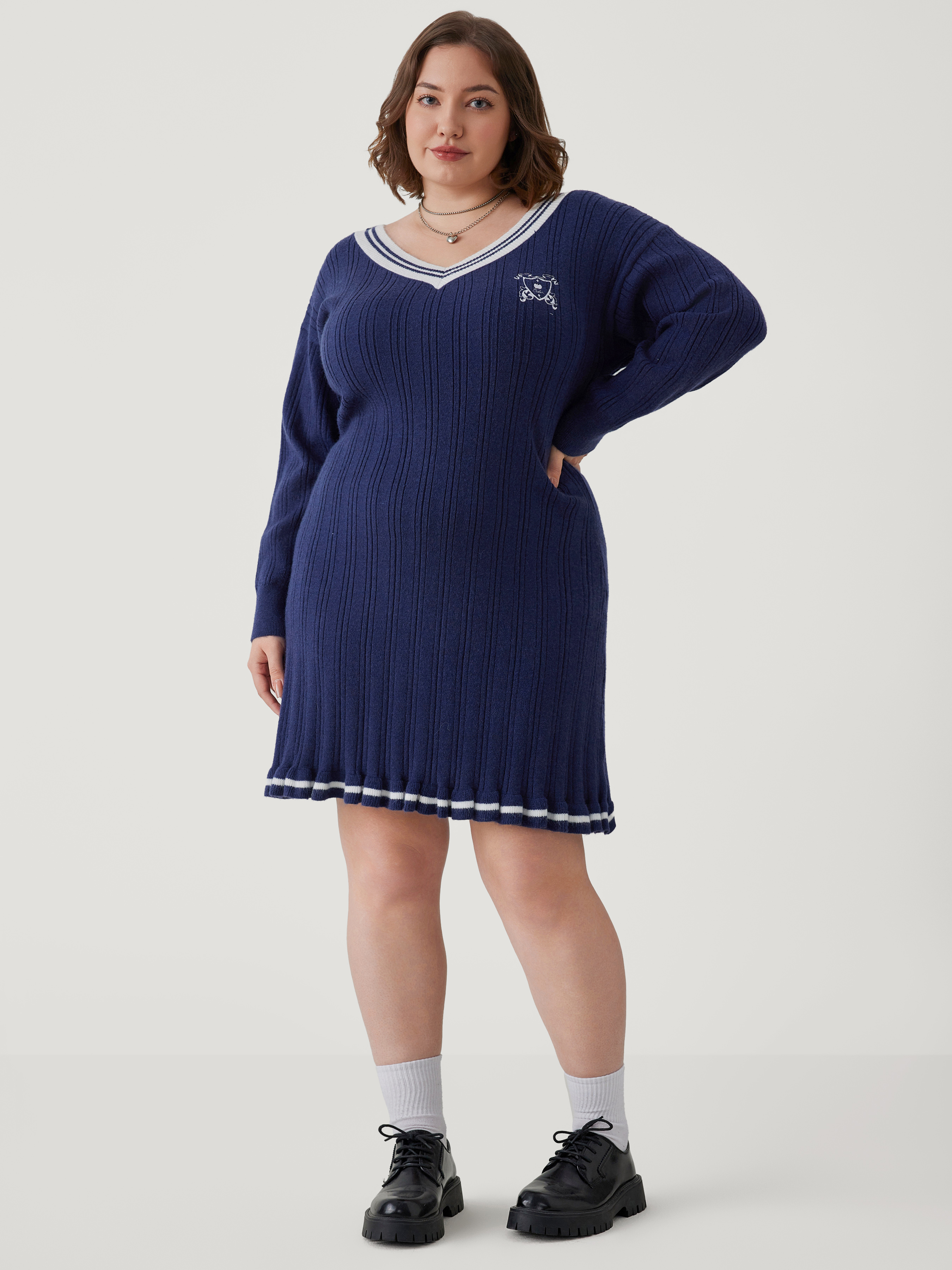 Knit V-neck Contrasting Binding Mini Dress Curve & Plus - Cider