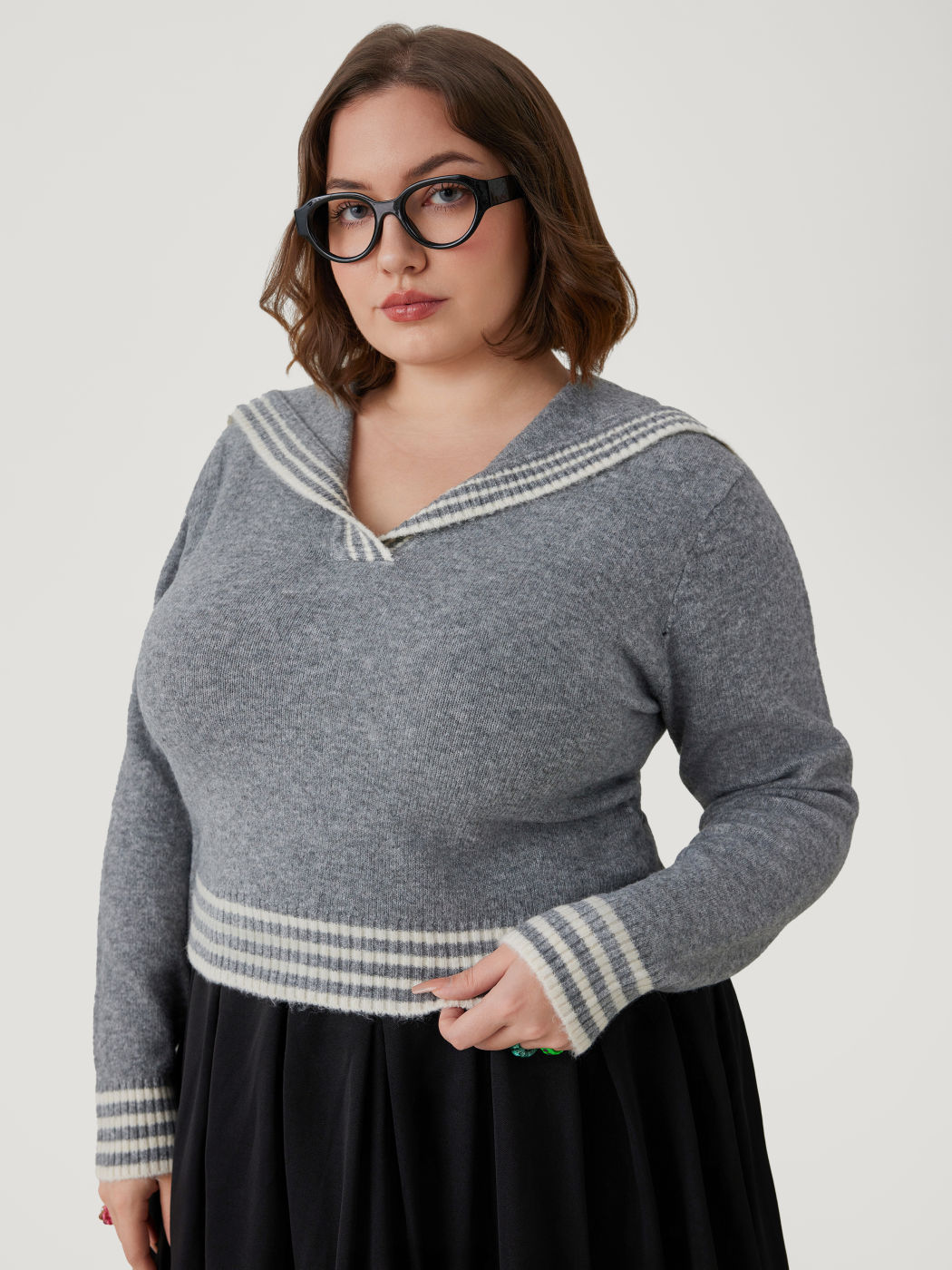 Jacquard V-neck Knit Sailor Collar Wool-blend Long Sleeve Sweater Curve ...
