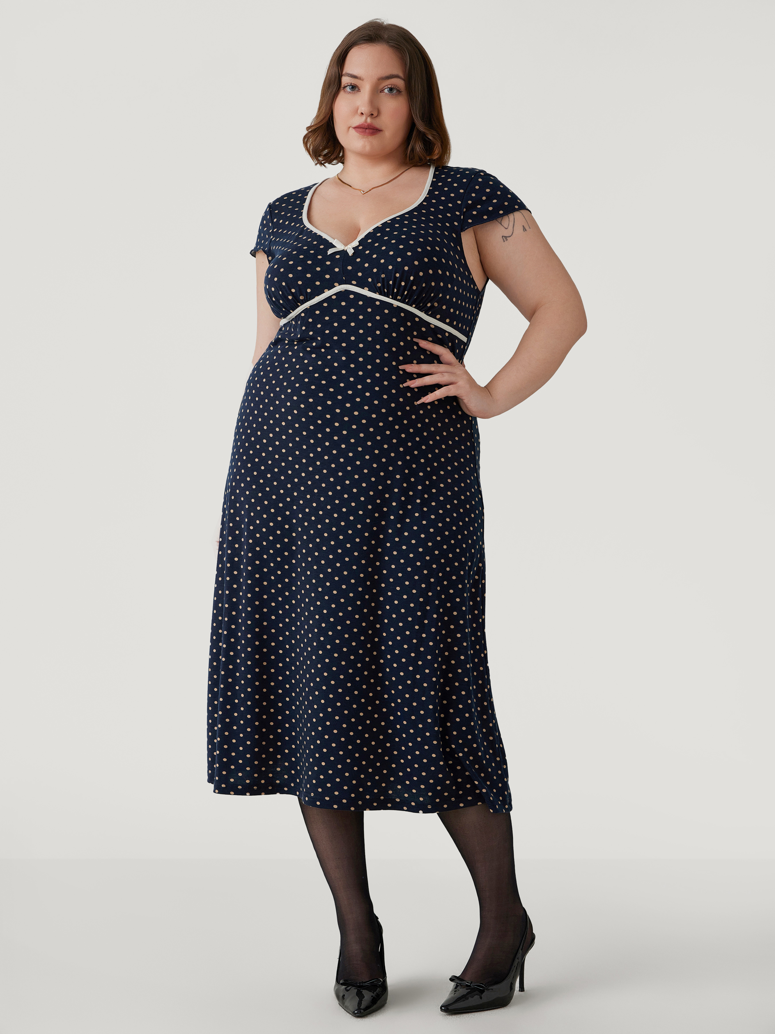 Knit Fabric V Neck Polka Dot Bowknot Midi Dress Curve And Plus For Daily