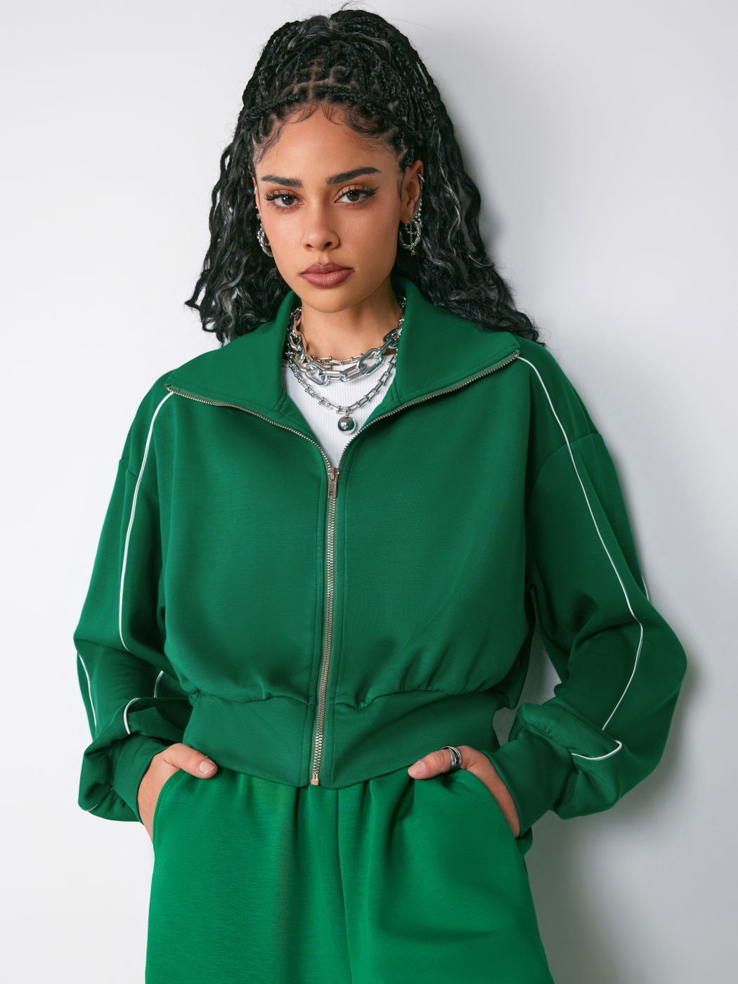 Knit Fabric Collar Contrasting Binding Zipper Jacket For Outdoor School ...