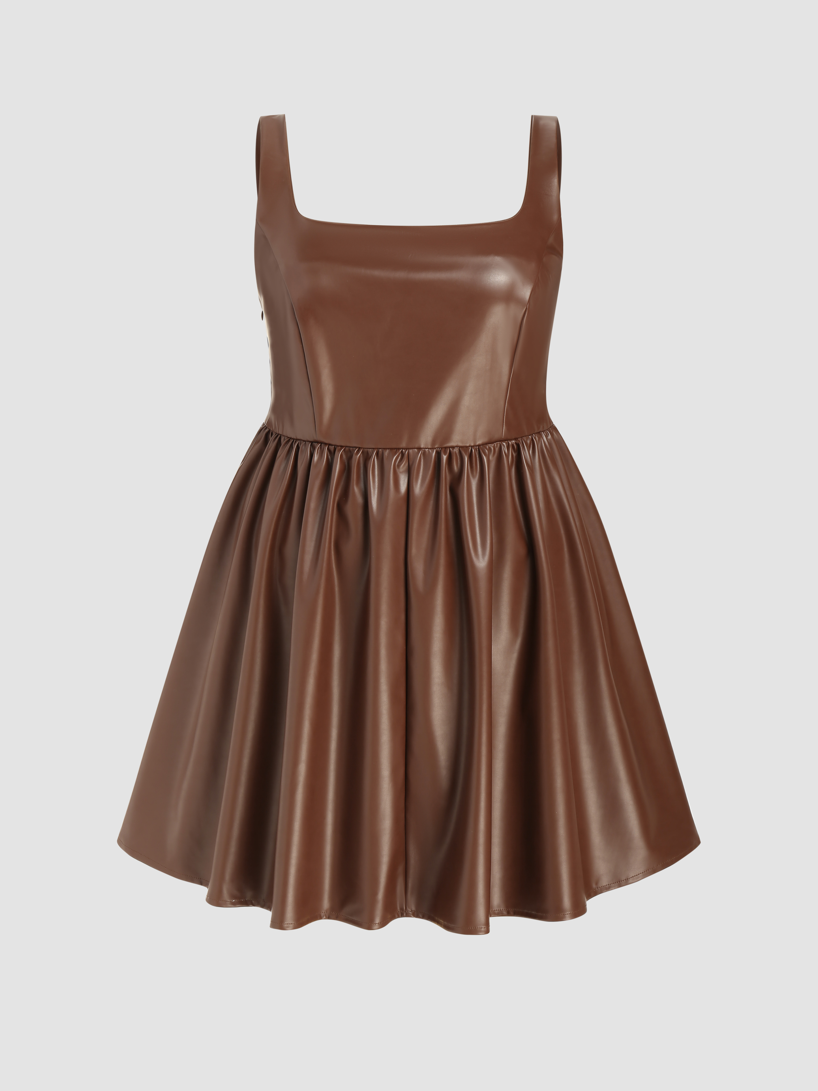 Faux Leather Square Neck Solid Ruffle Mini Dress Curve & Plus - Cider