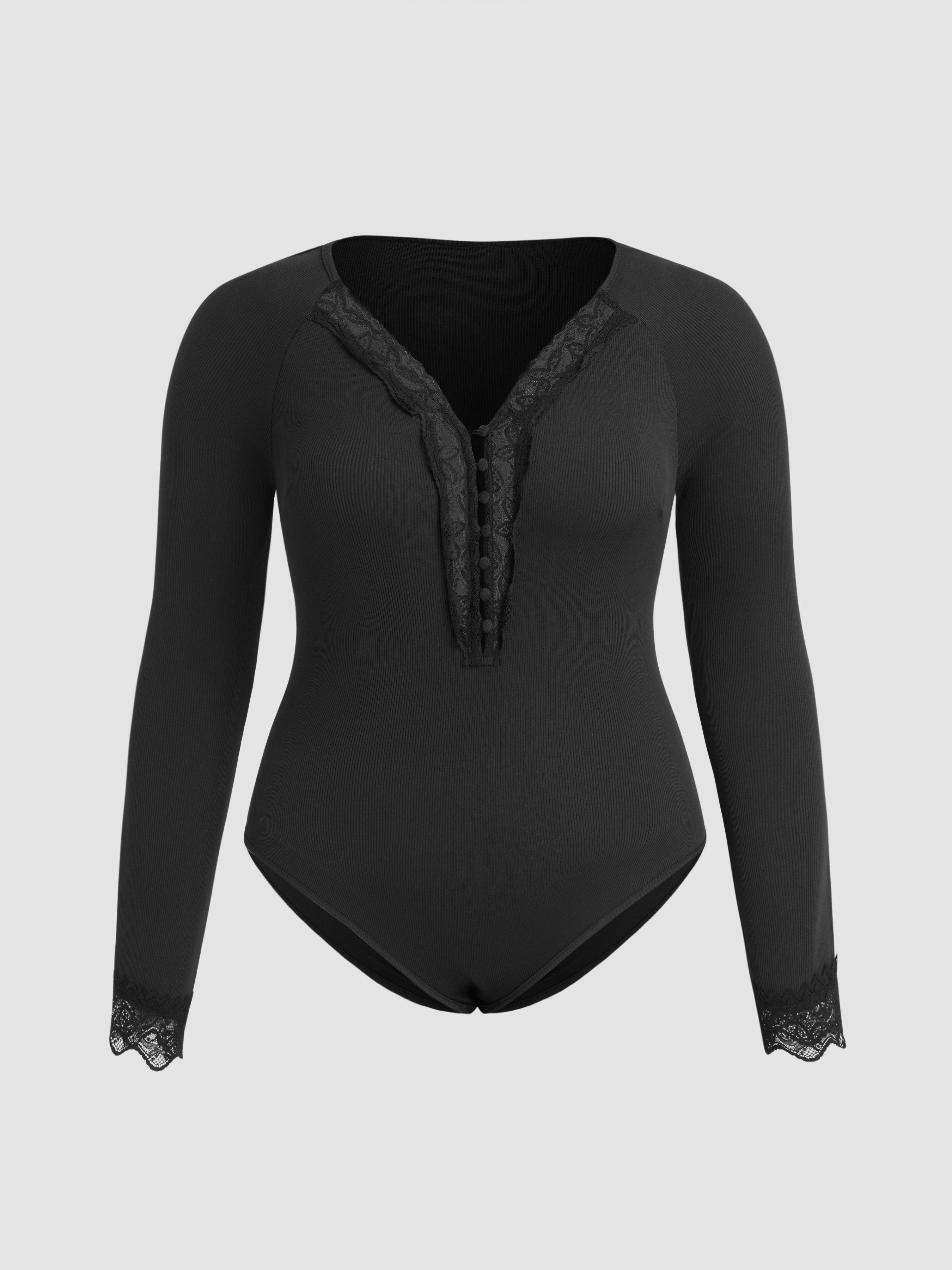 Knit Fabric V-neck Solid Lace Trim Button Bodysuit Curve & Plus For ...