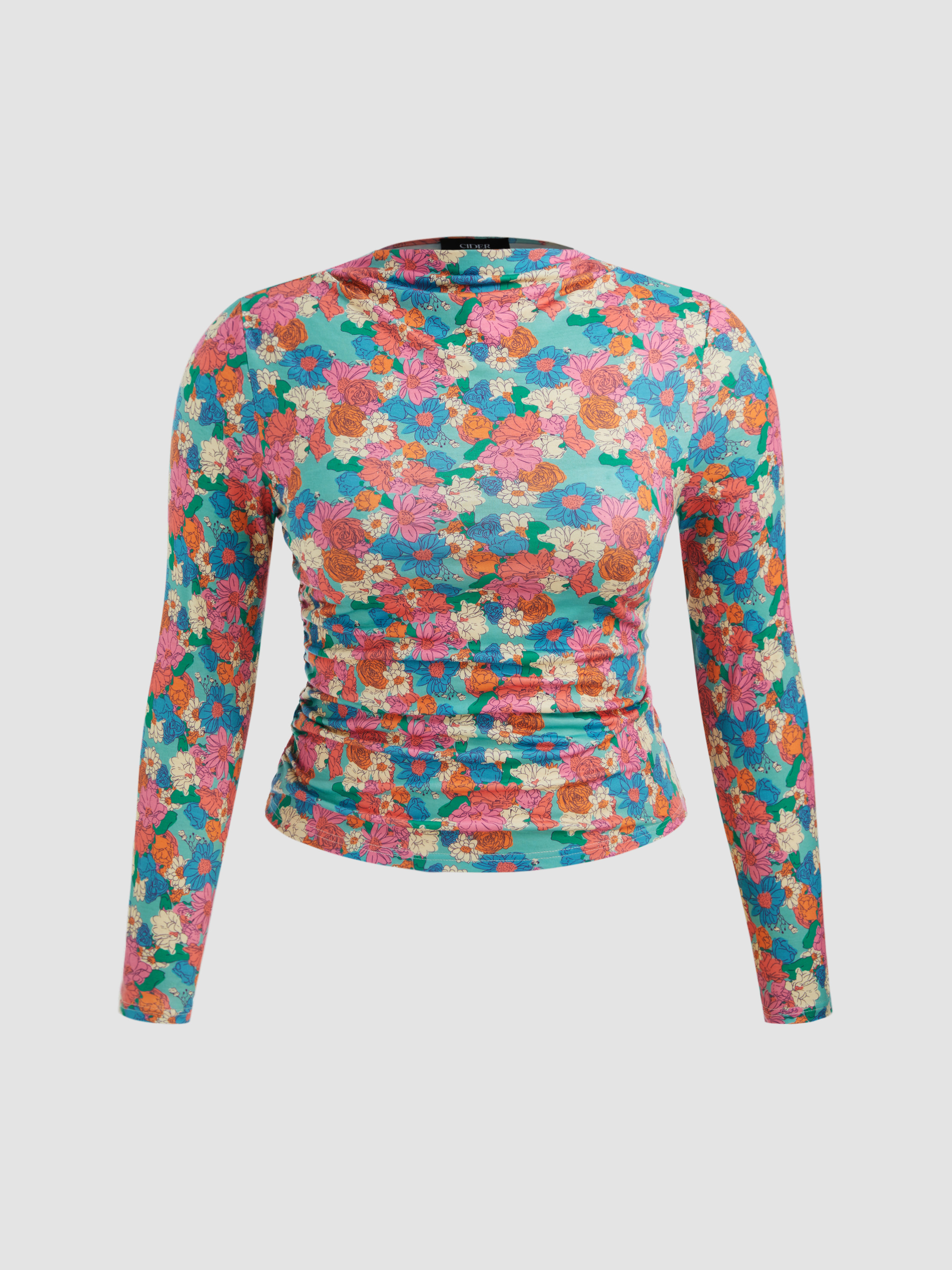 Stand Collar Floral Long Sleeve Top Curve & Plus - Cider