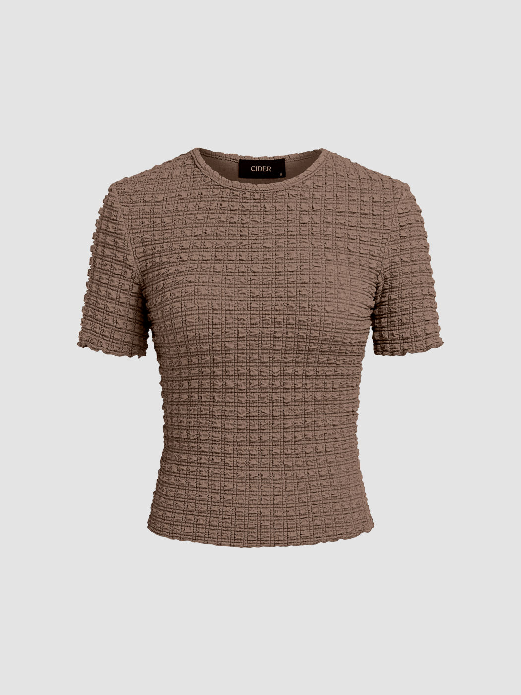 Knit Fabric Round Neck Solid Shirred Short Sleeve Top