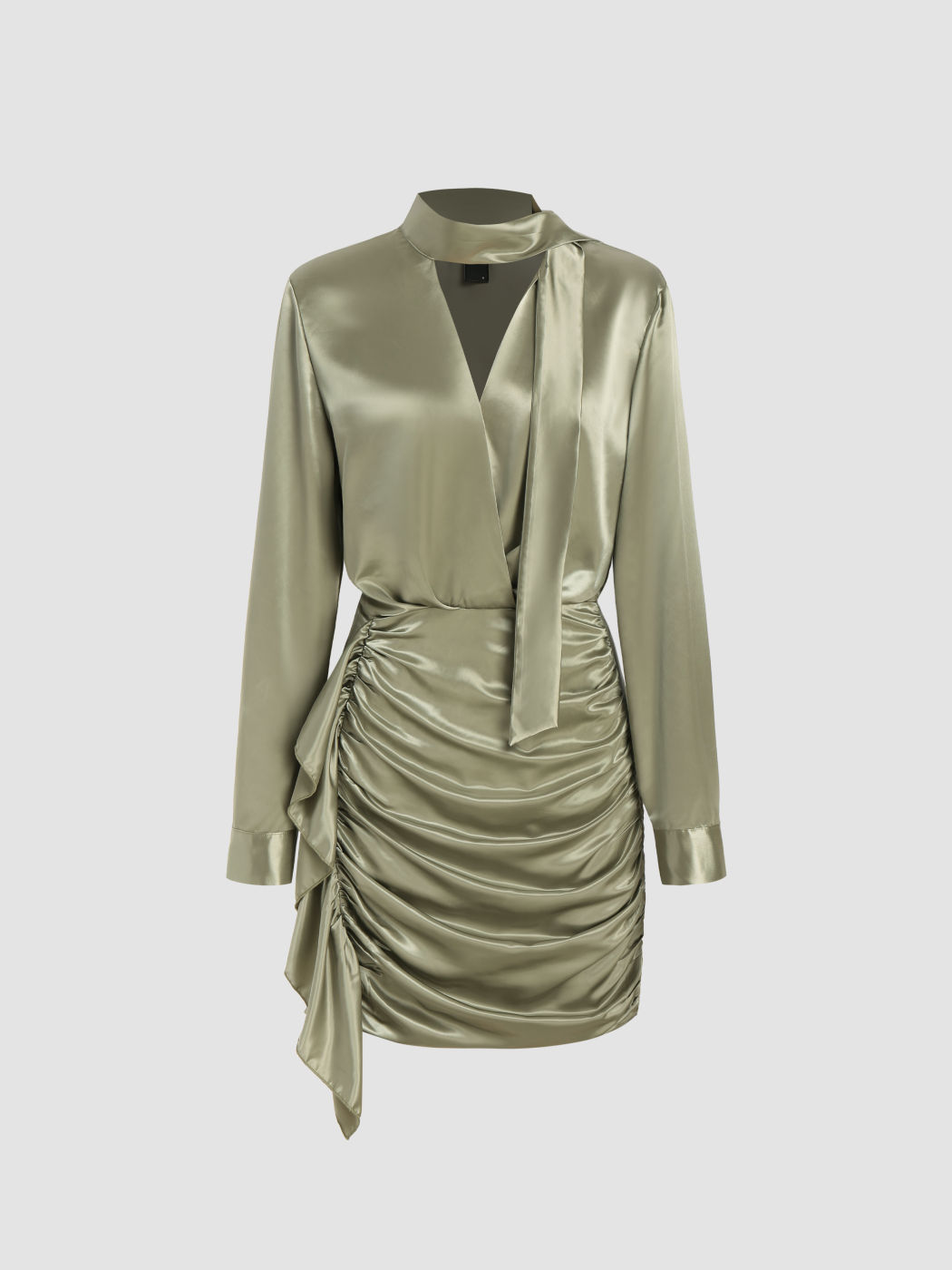 V-neck Solid Ruched Ruffle Hem Mini Dress With Scarf For Party/Clubbing Work