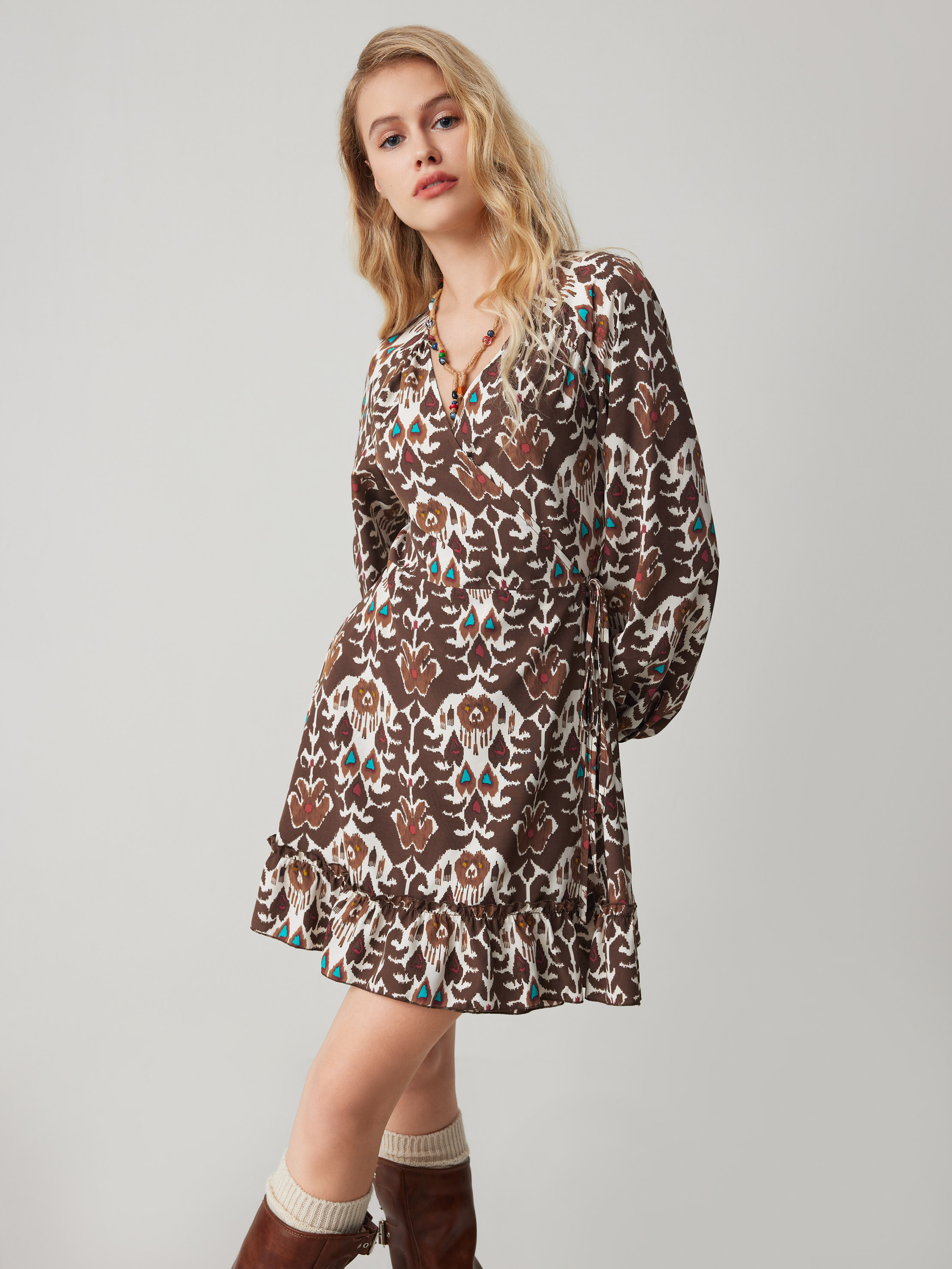 V-neck Retro Aztec Wrap Mini Dress - Cider