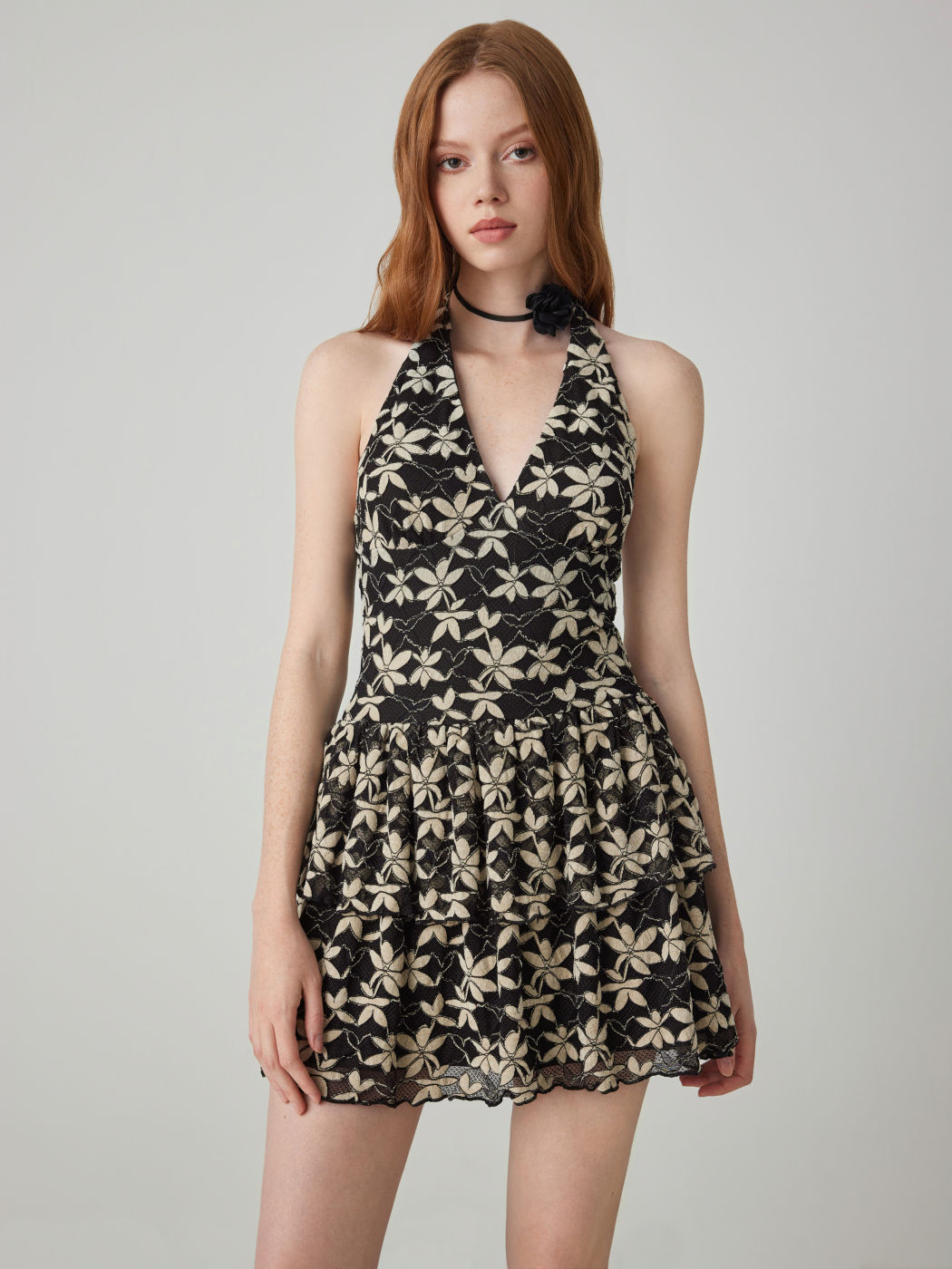 Halter Jacquard Floral Ruffle Hem Mini Dress - Cider