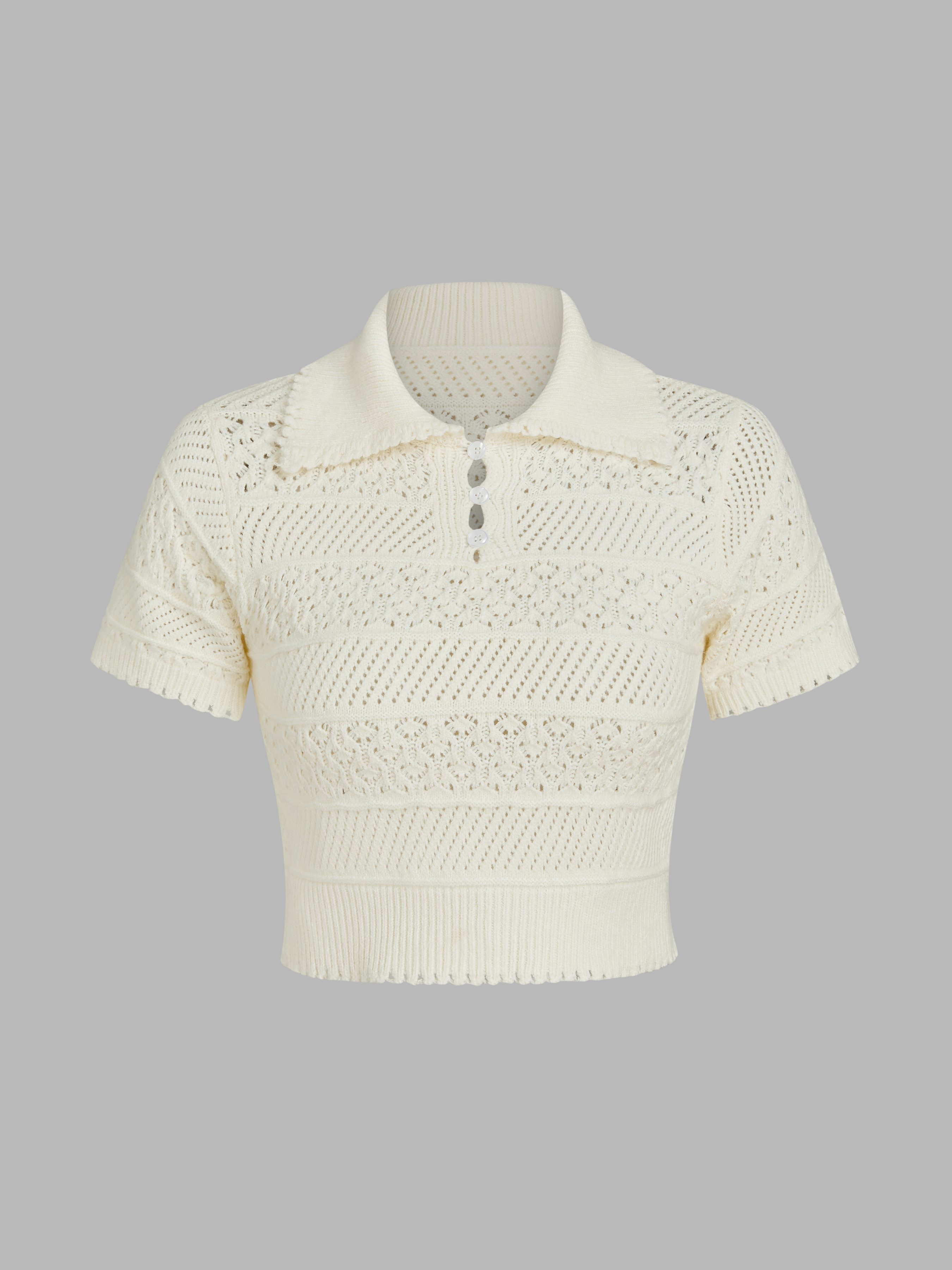 Polo Hollow Out Knitted Short Sleeve Crop Top - Cider