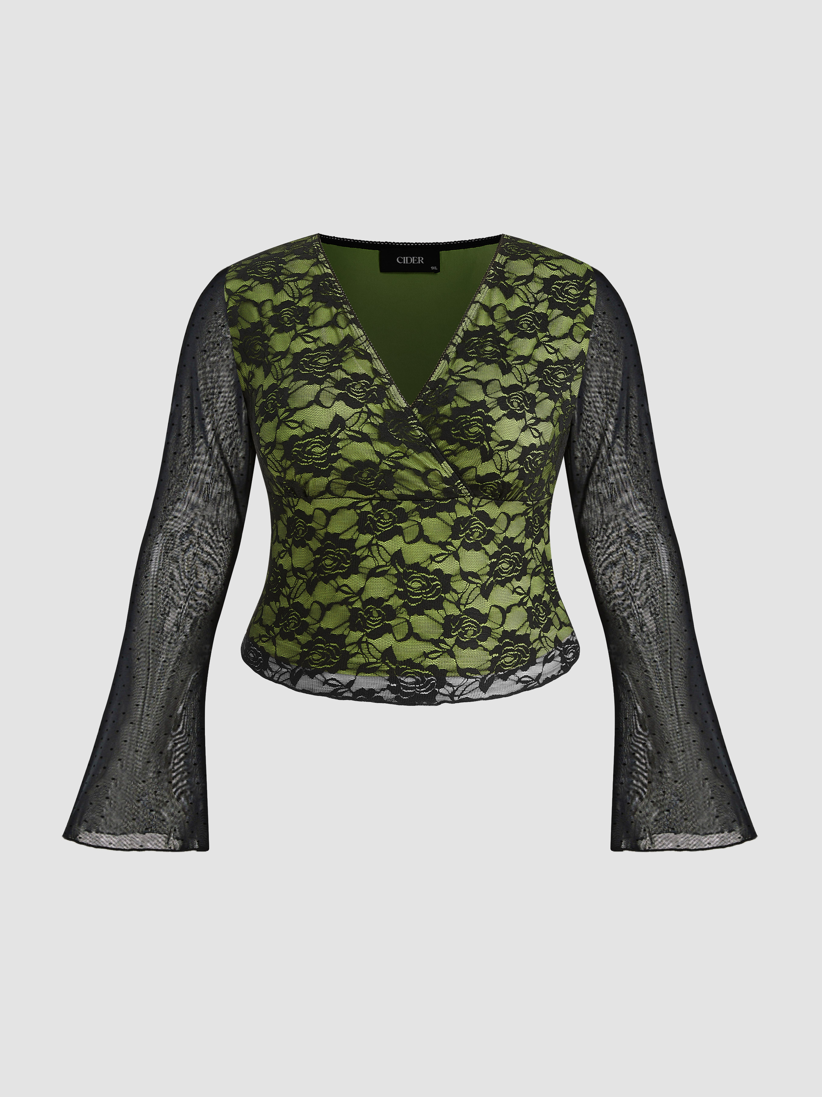 Lace Knit Fabric Mesh Lace V-neck Floral Long Sleeve Crop Top Curve ...