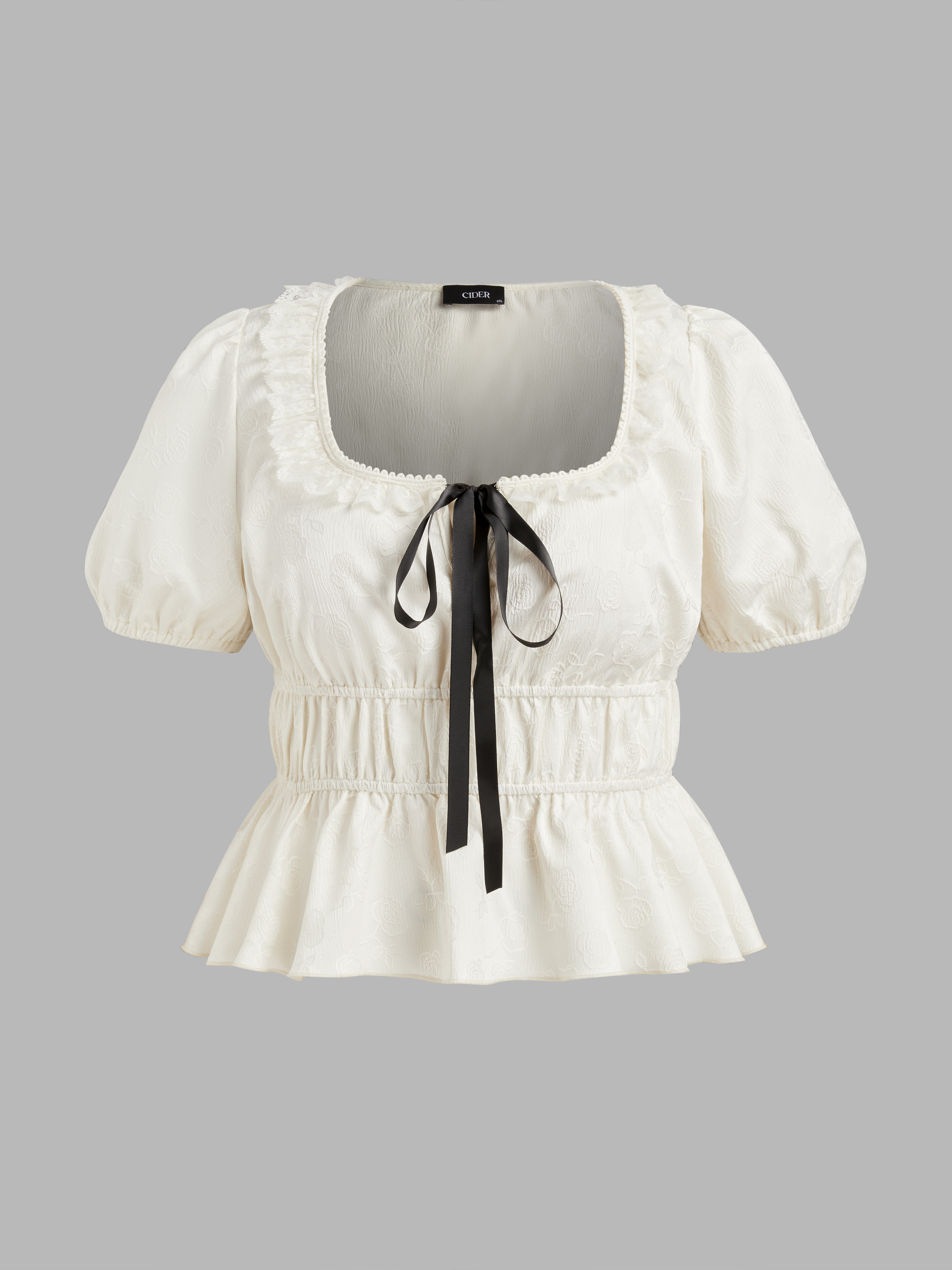 Square Neck Bowknot Floral Texture Puff Sleeve Top Curve & Plus For ...