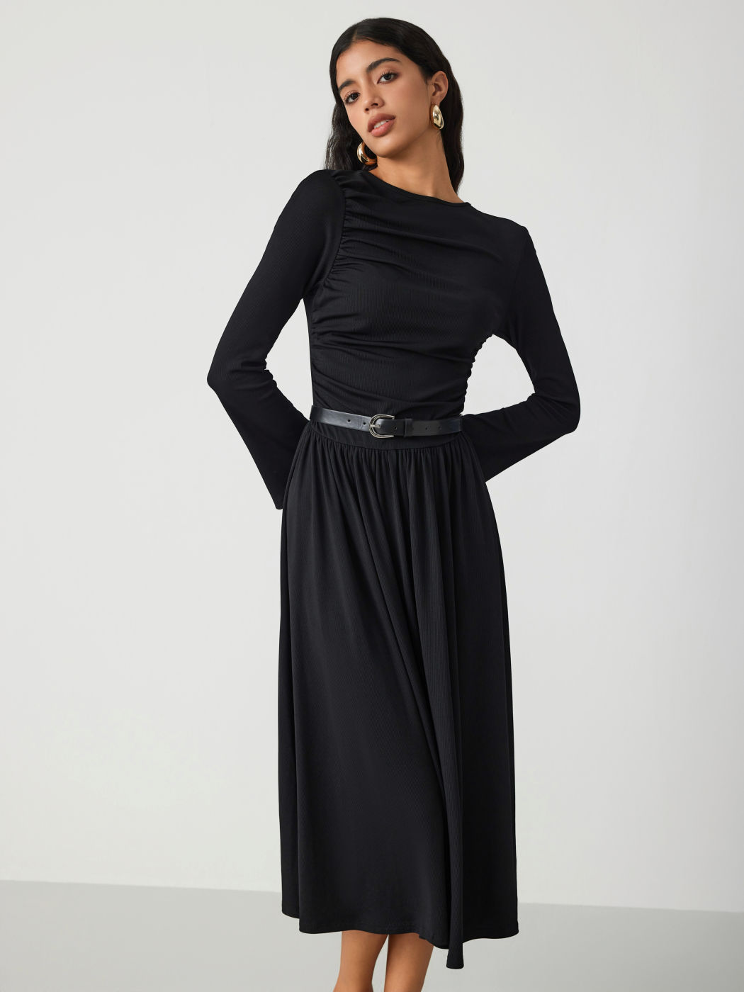 Round Neck Solid Belted Ruffle Midi Dress - Cider