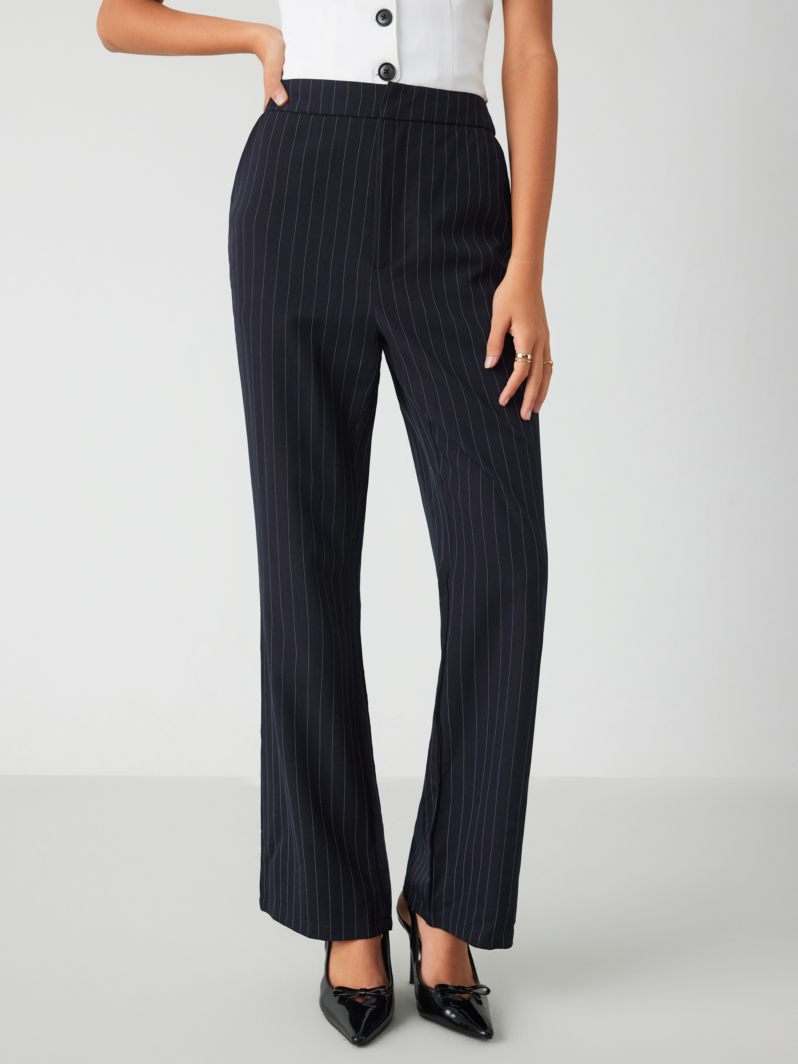 Woven Middle Waist Stripe Flared Trousers For Work Coffee Shop Daily Casual