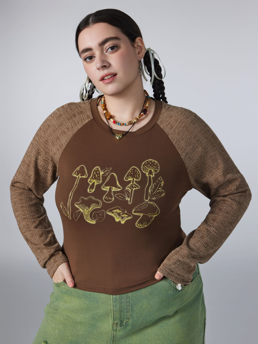 Costela Raglan Cogumelo Manga Longa Crop Top Curve & Plus - Cider