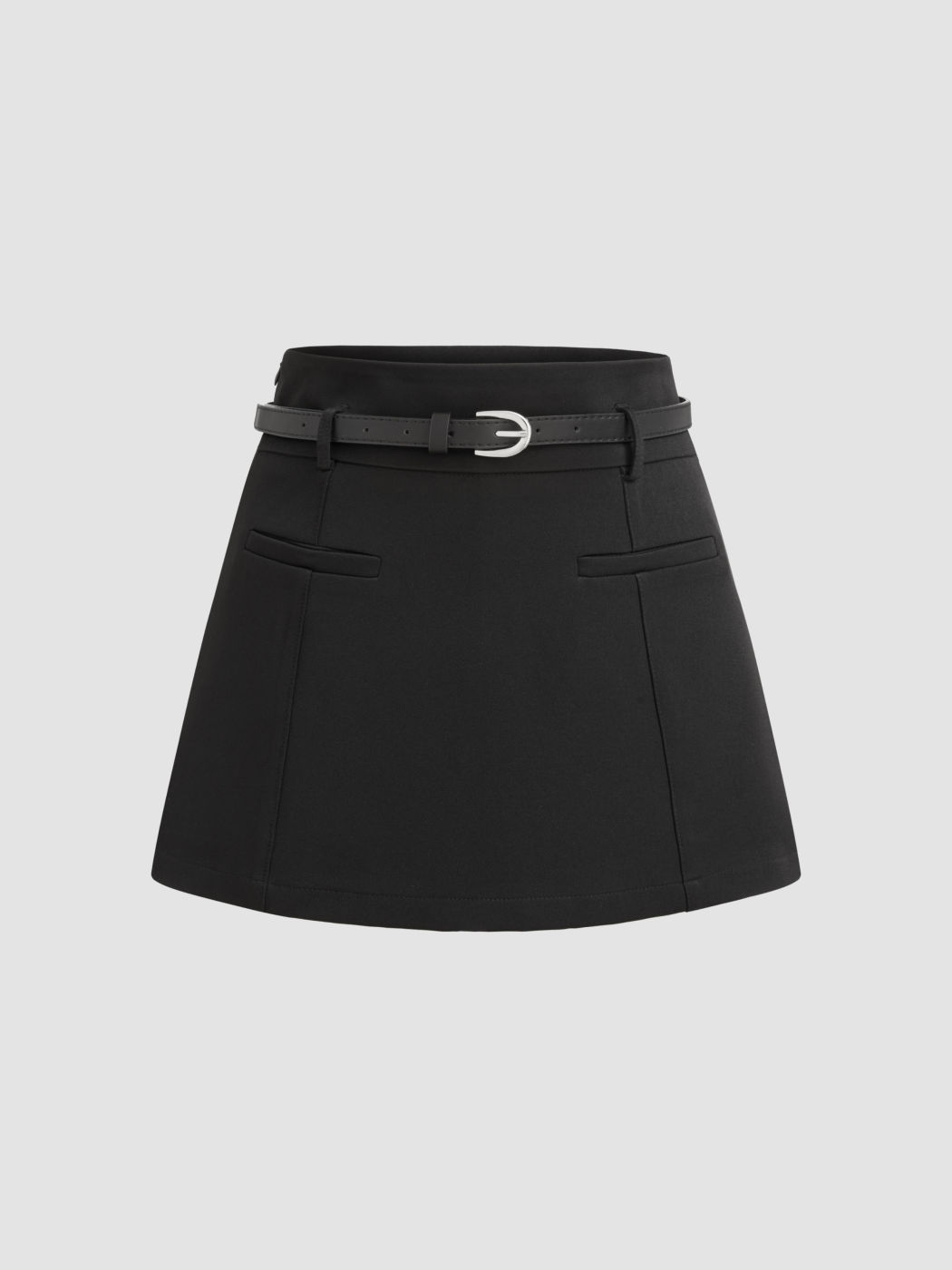 Office Siren Woven Middle Waist Solid Belted Skort For School Daily Casual Work