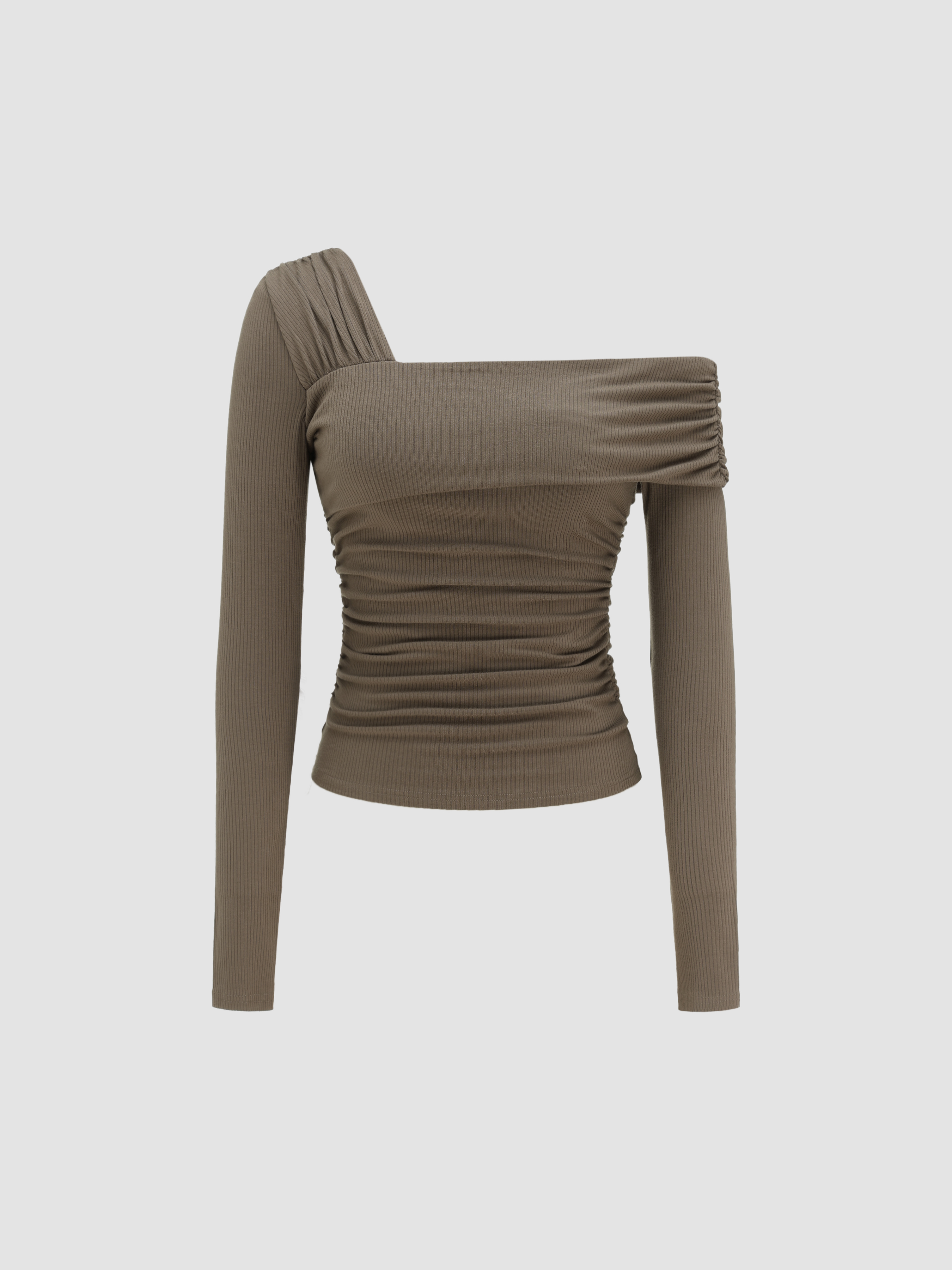 Asymmetrical Neck Solid Ruched Long Sleeve Top - Cider