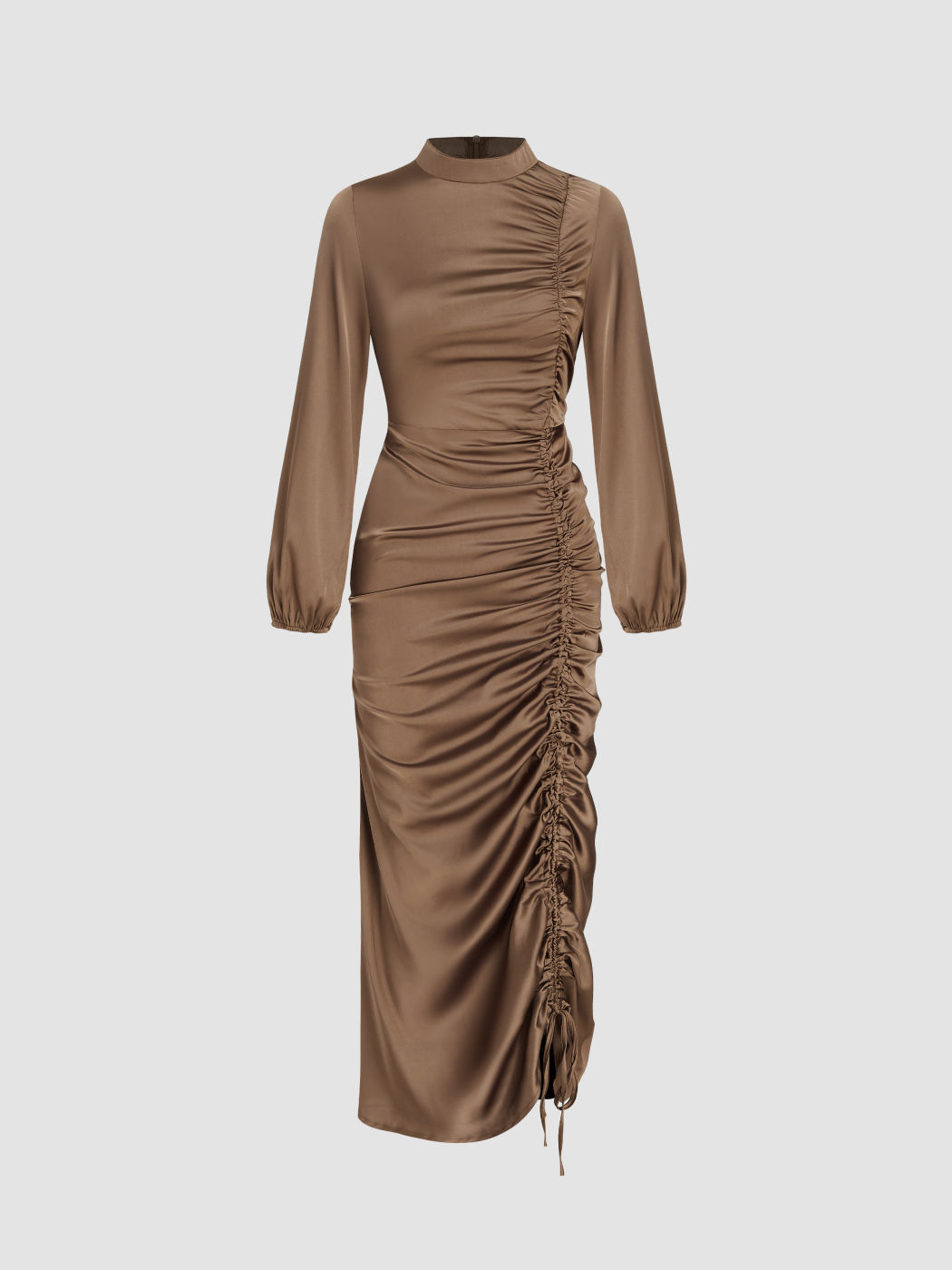 Satin Stand Collar Drawstring Maxi Dress For Outdoor